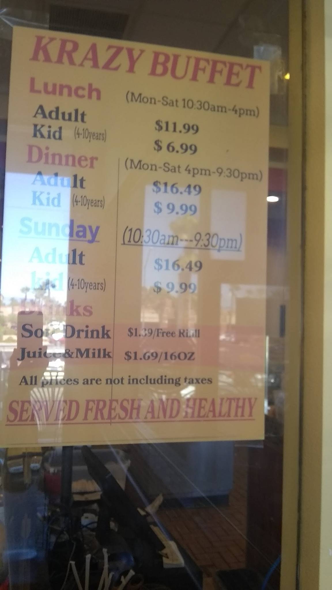 Menu at Krazy Buffet restaurant, Las Vegas, W Sahara Ave