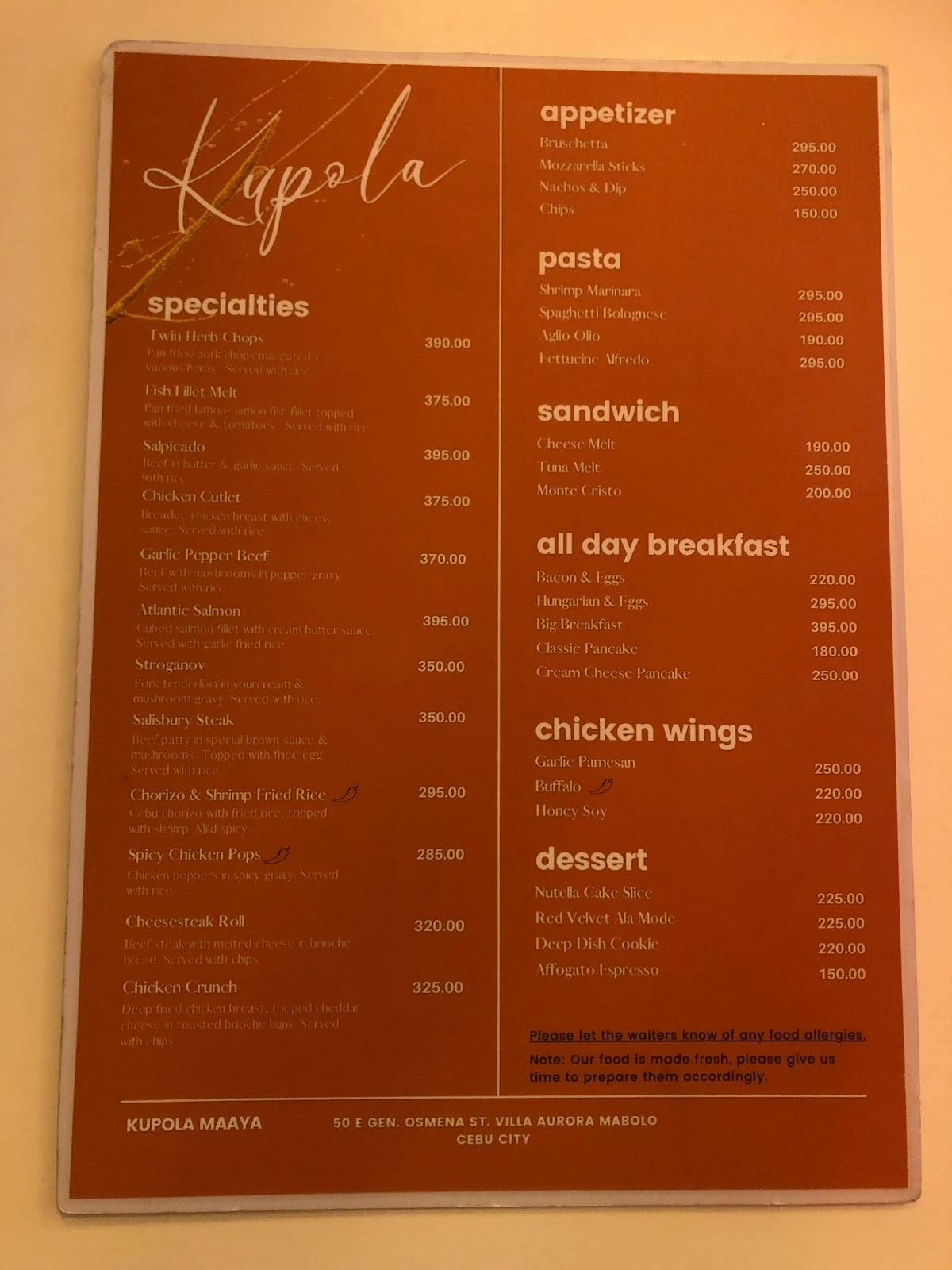 Menu at Kupola Maaya Cafe, Cebu City