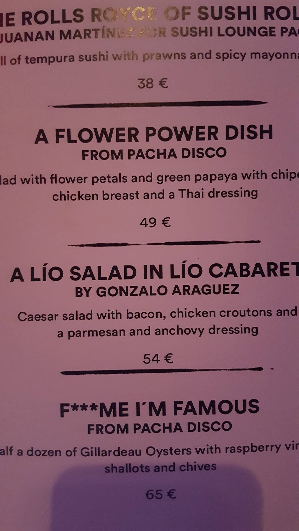 Menu at Lío restaurant, Ibiza, Passeig Joan Carles I