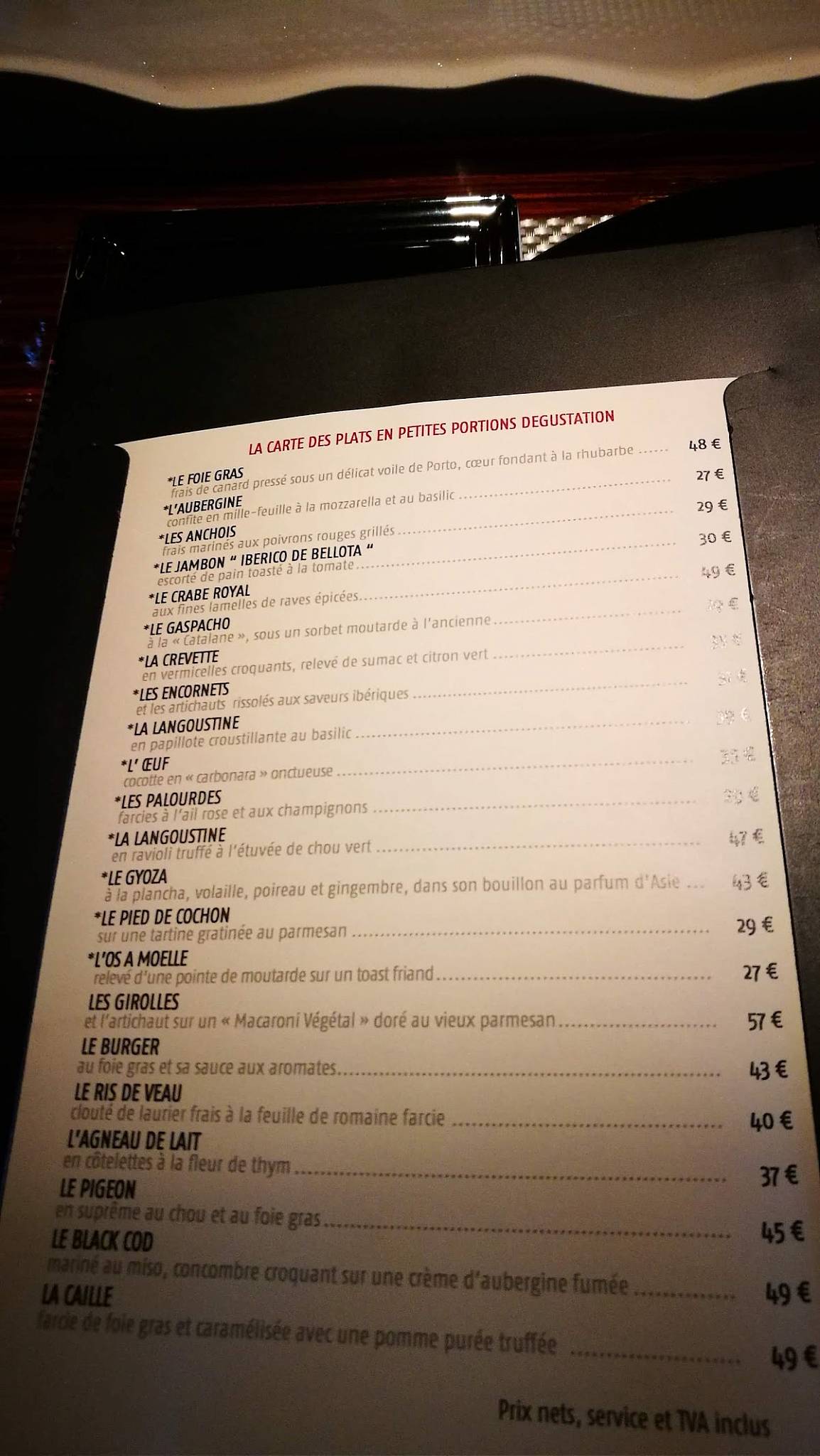 Carta del restaurante L'Atelier del Joël Robuchon, Paris
