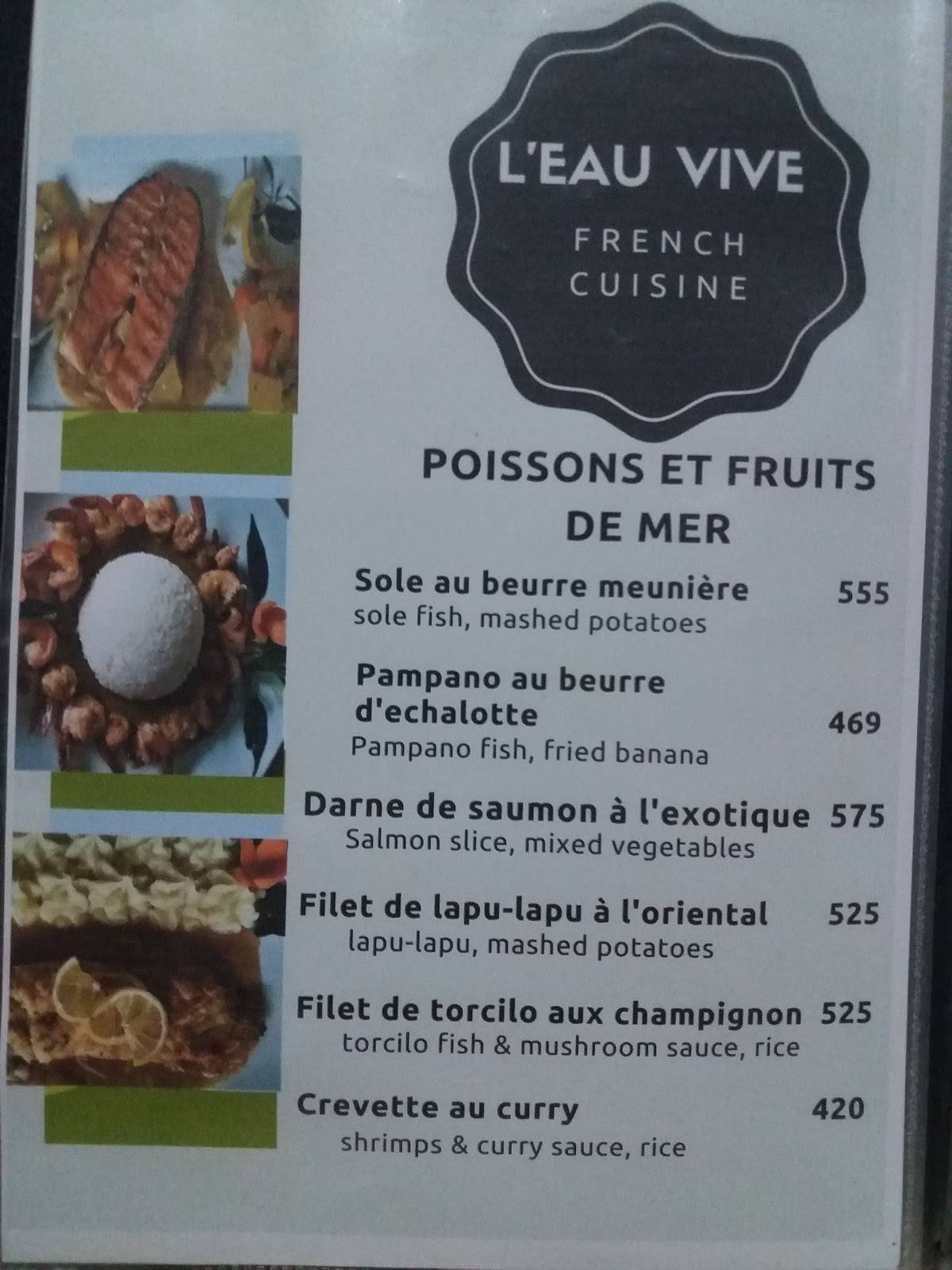 Menu at L'Eau Vive in Asia restaurant, Manila
