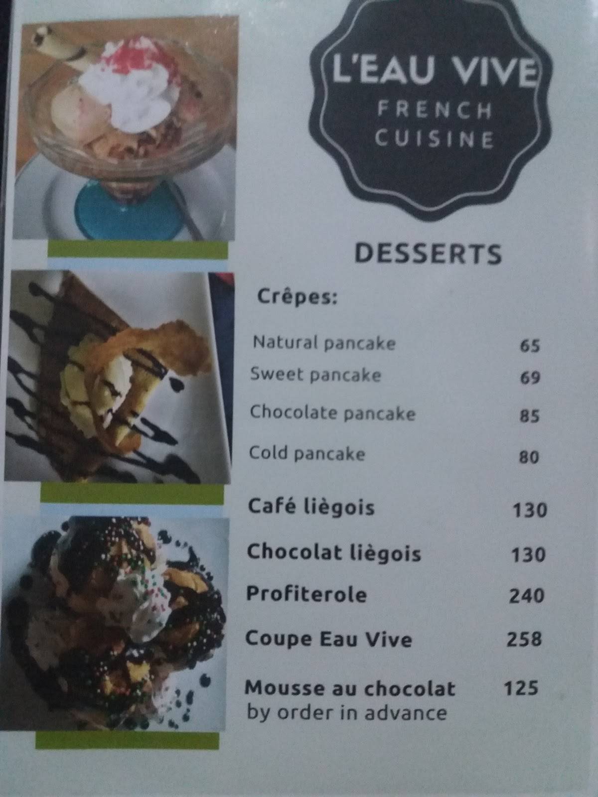 Menu at L'Eau Vive in Asia restaurant, Manila