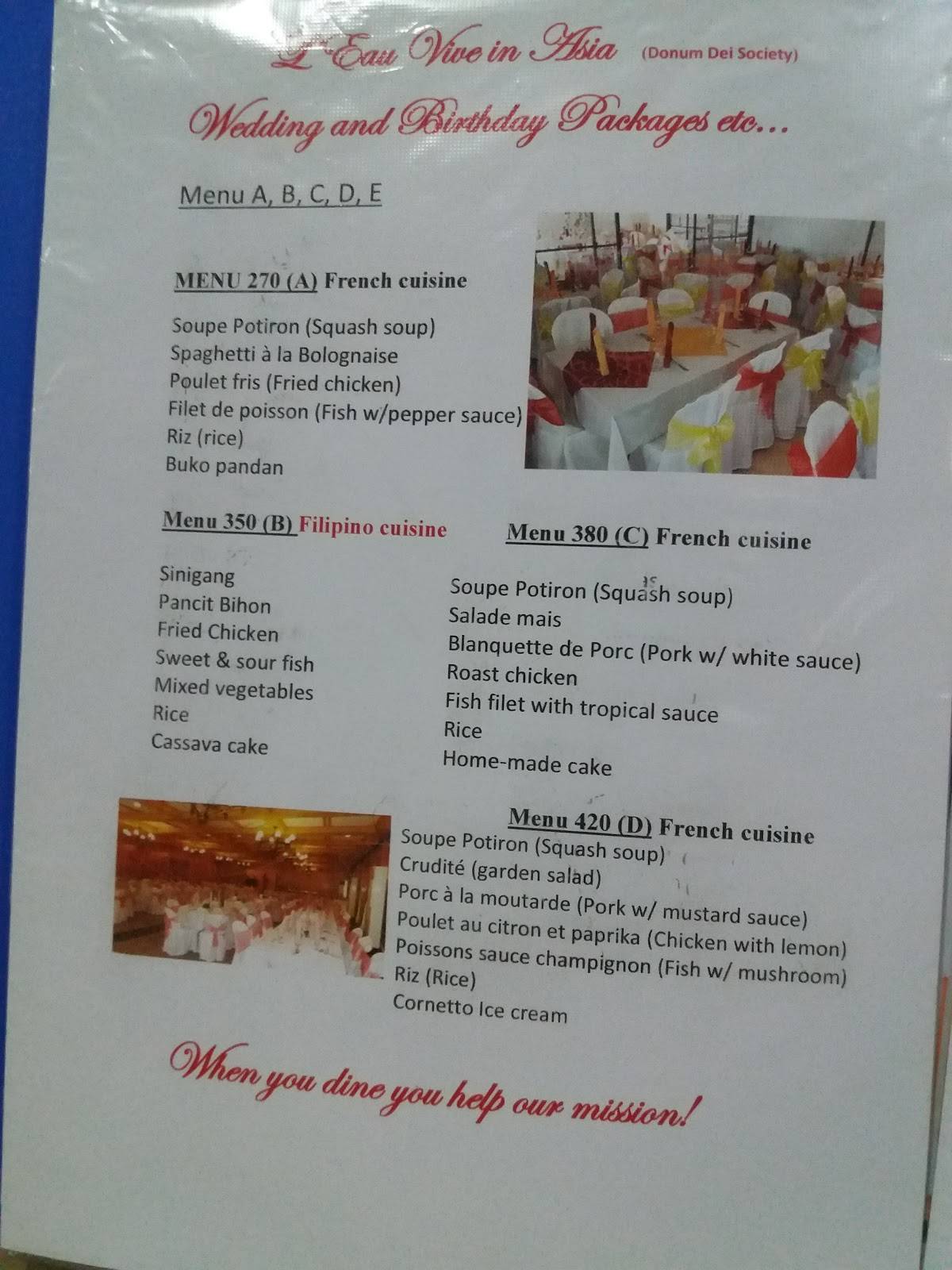 Menu at L'Eau Vive in Asia restaurant, Manila