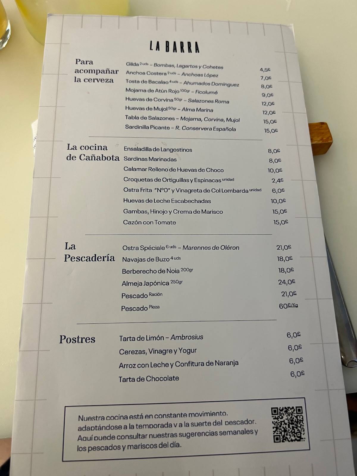 Menu at La Barra de Cañabota, Seville, C. Orfila