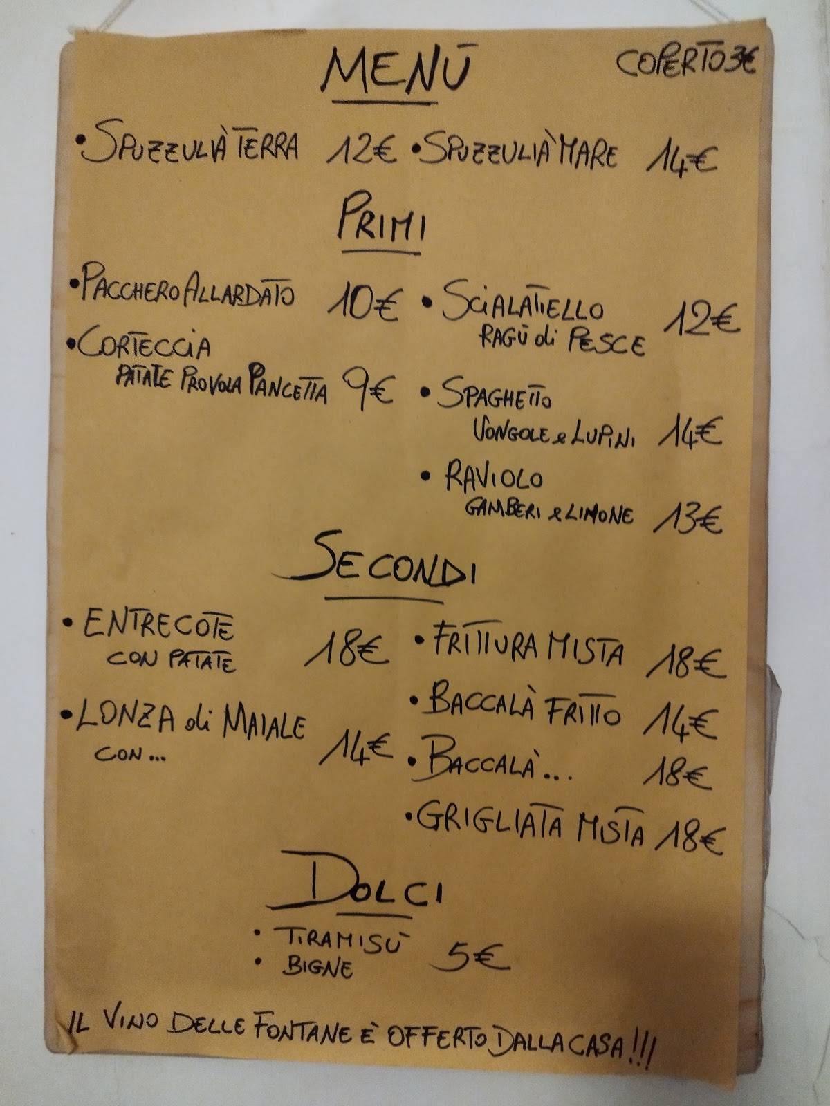 Menu at La Botte Pazza restaurant, Salerno
