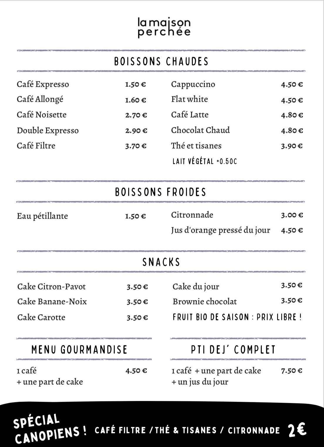 Menu at La Cafête Perchée, Paris