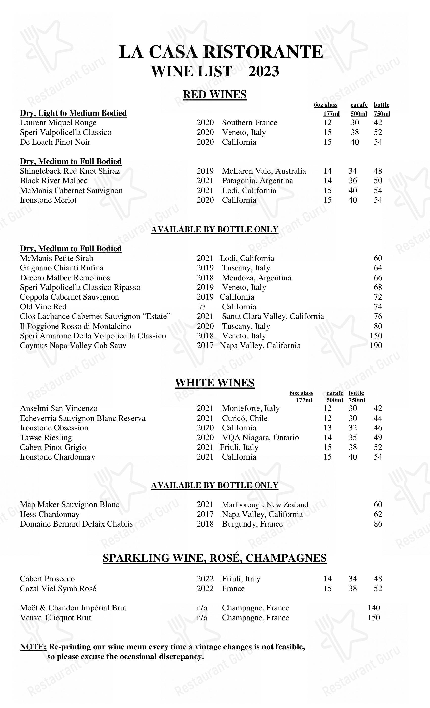Menu at La Casa restaurant, London