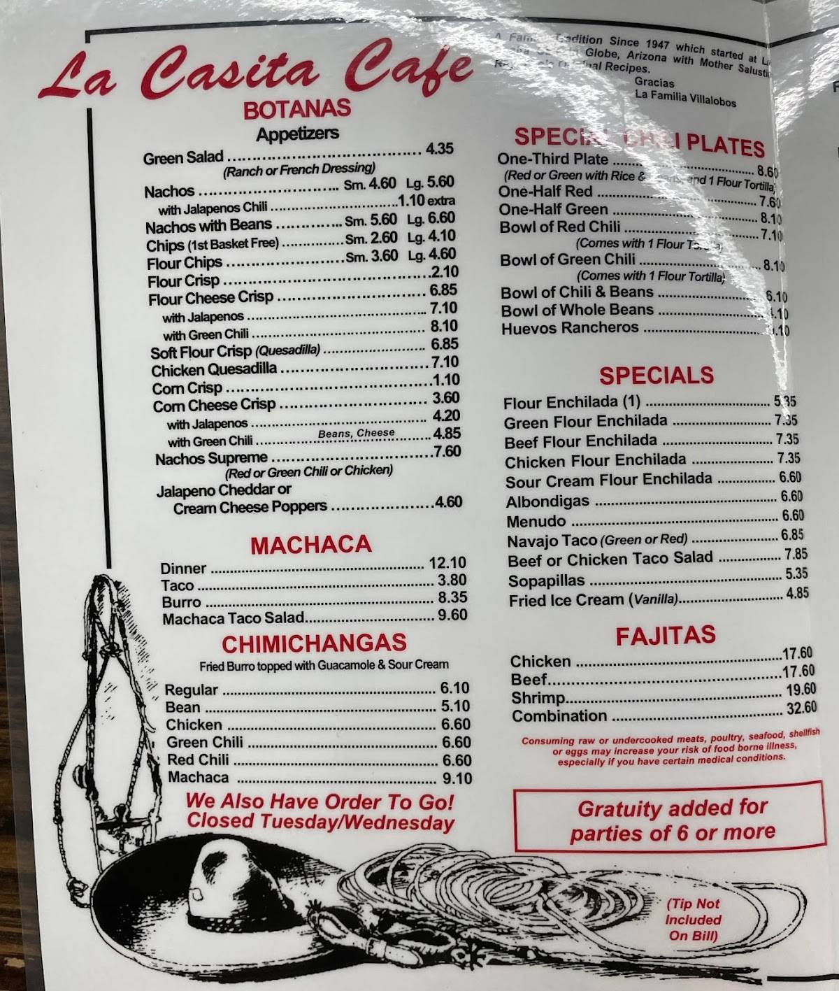 Menu at La Casita Cafe, Globe