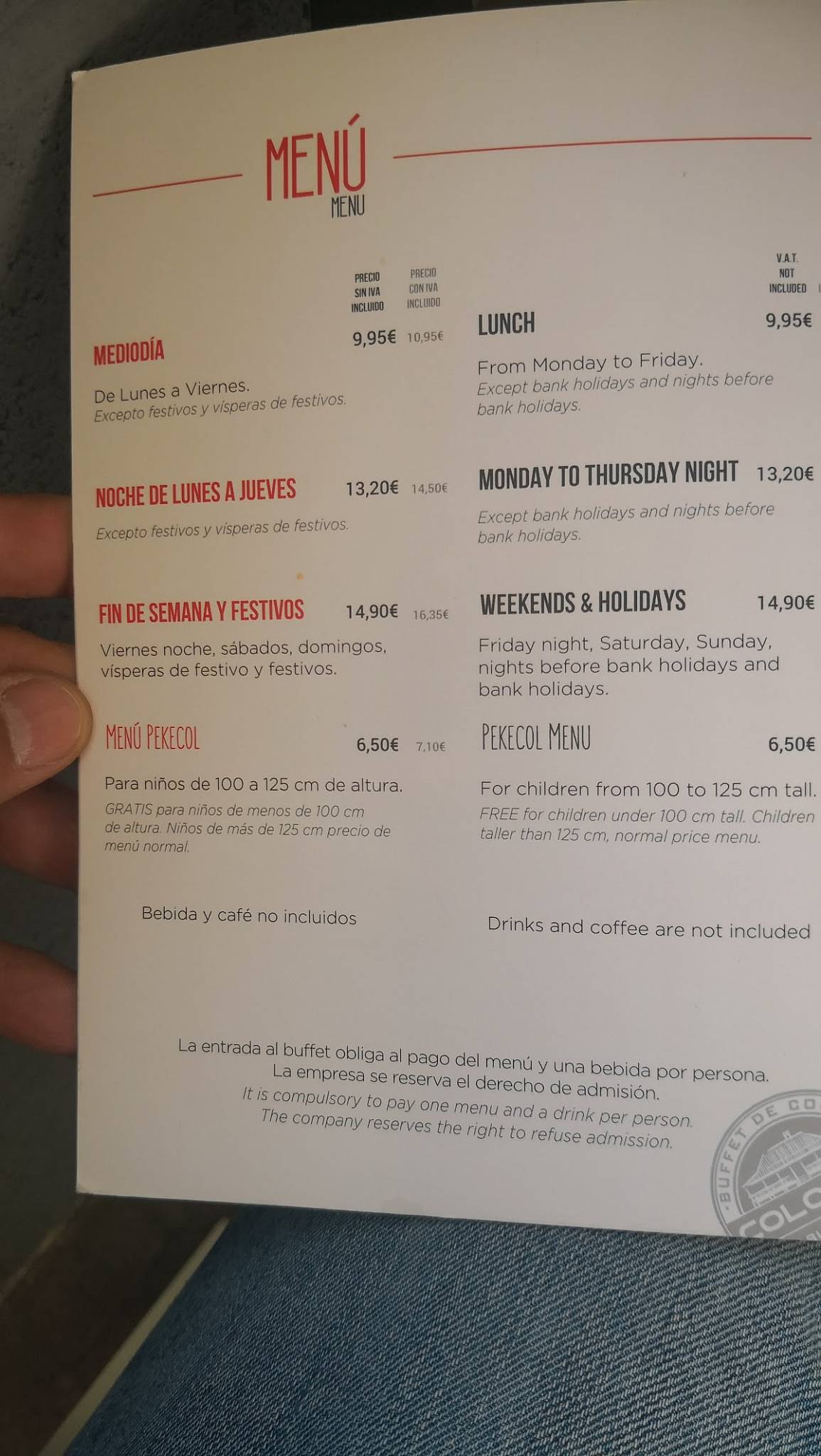 Carta del restaurante Colonial Buffet Alicante, Alicante
