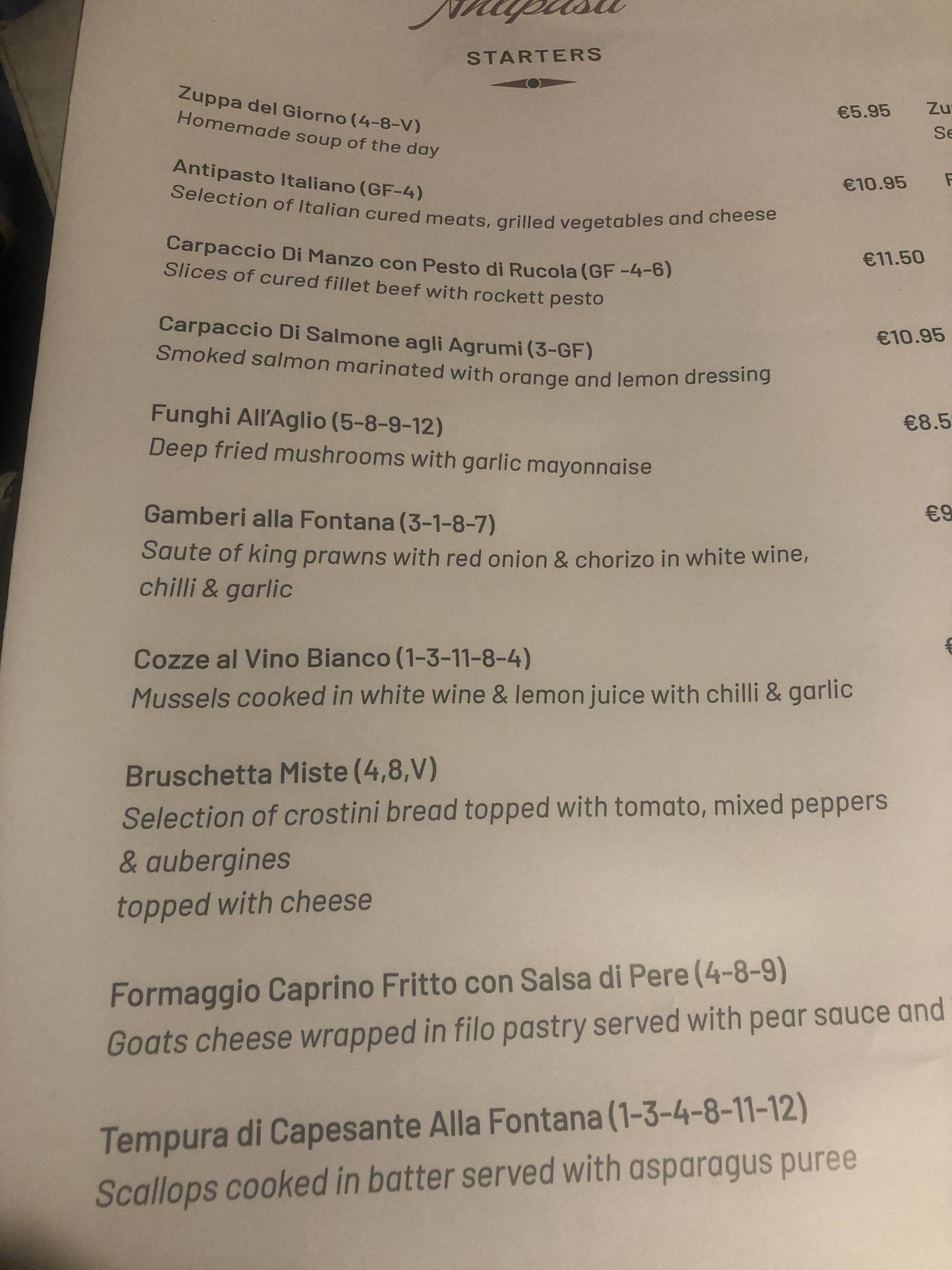 Menu at La Fontana restaurant, Waterford