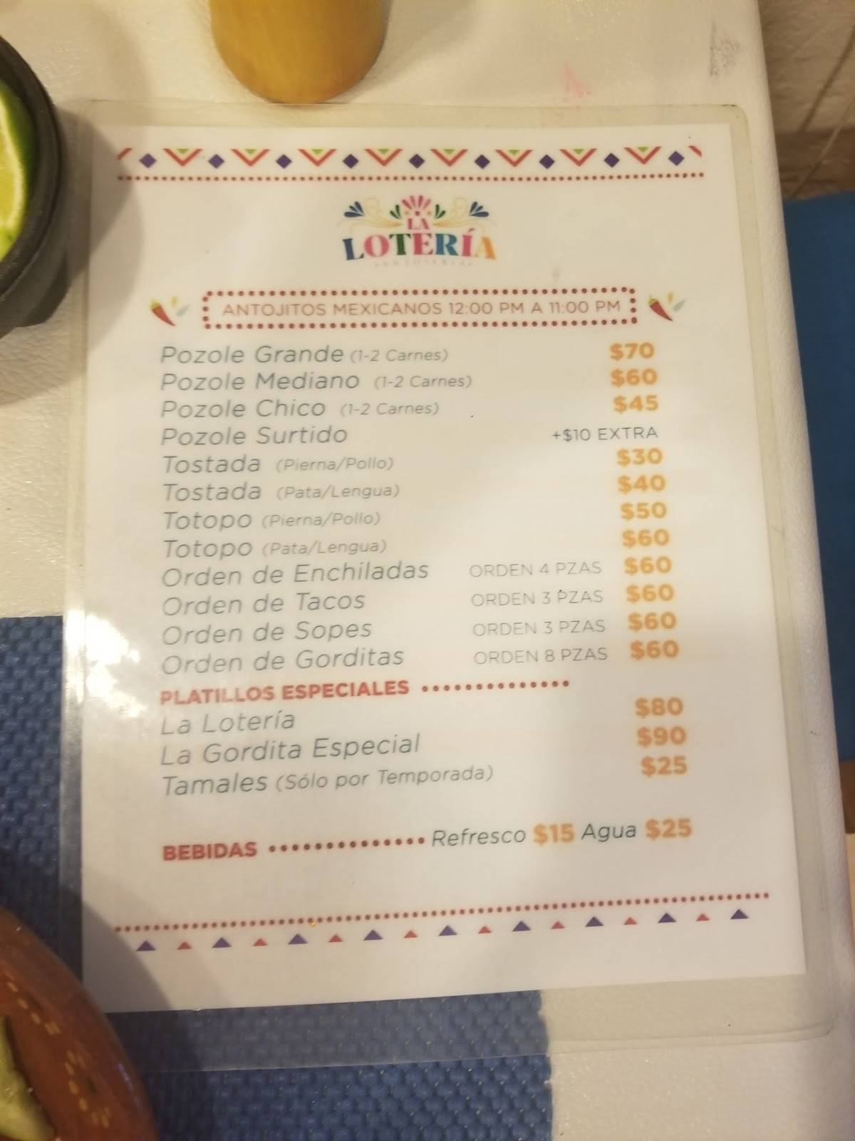 Menu at La Lotería restaurant, Puerto Vallarta