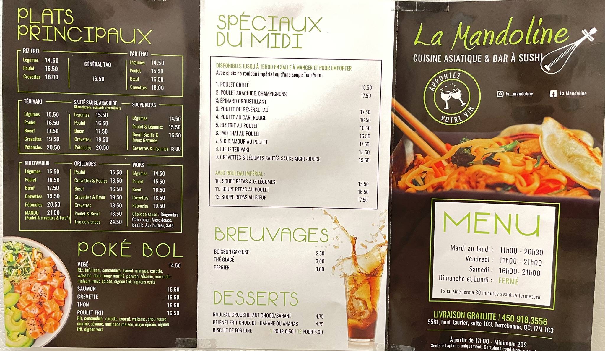 Menu au La Mandoline restaurant, Terrebonne