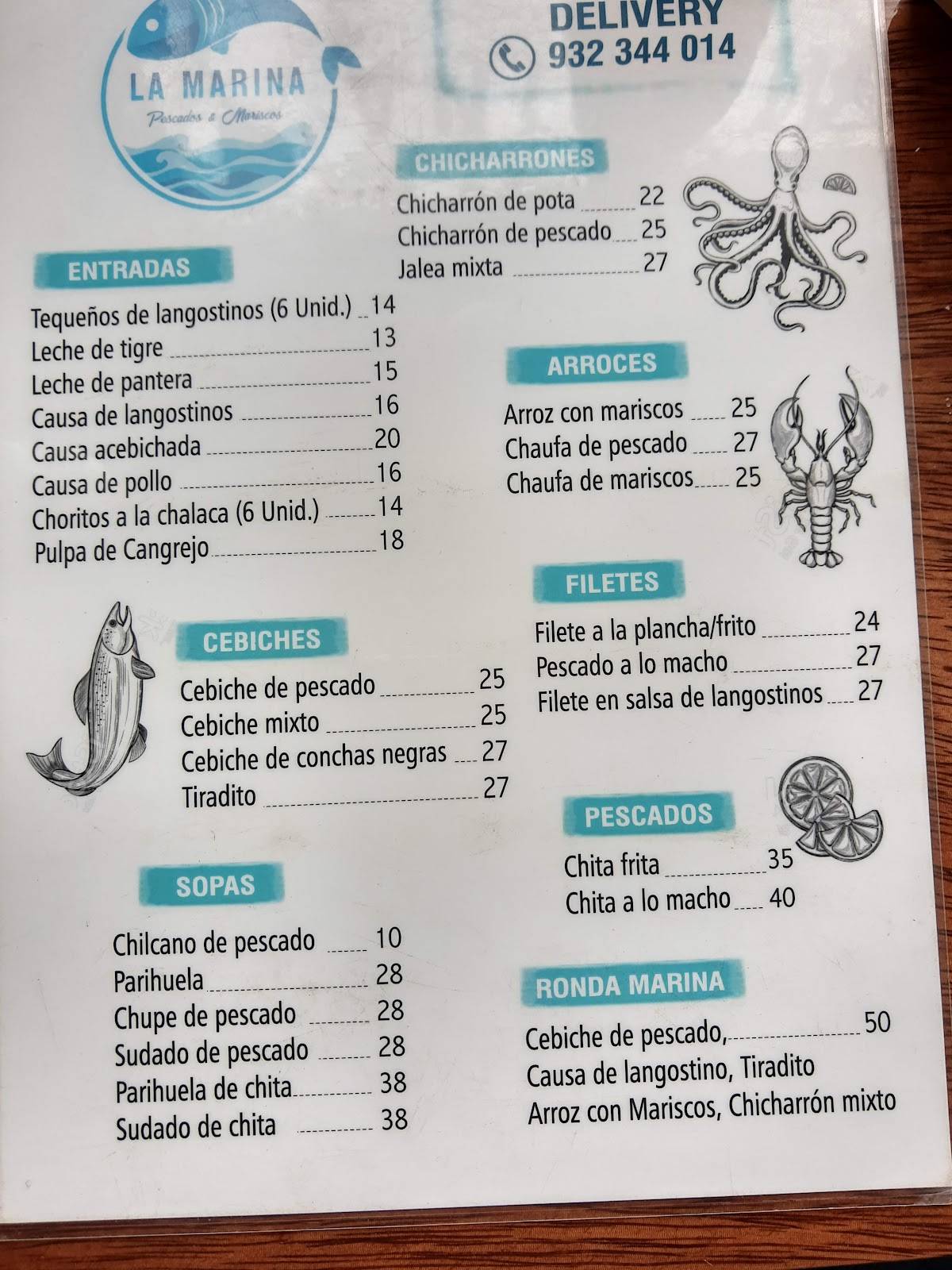 Carta del restaurante La Marina *Pescados y Mariscos*, Pueblo Libre