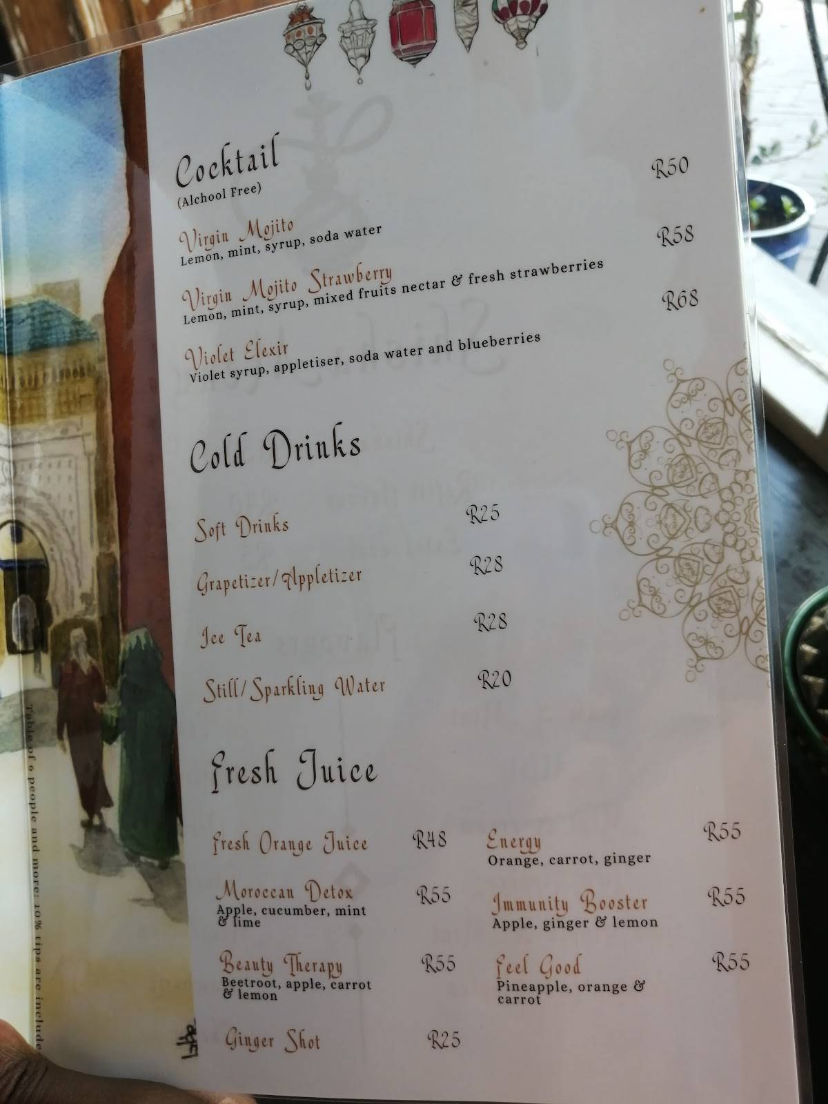 Menu at La Menara restaurant, Cape Town