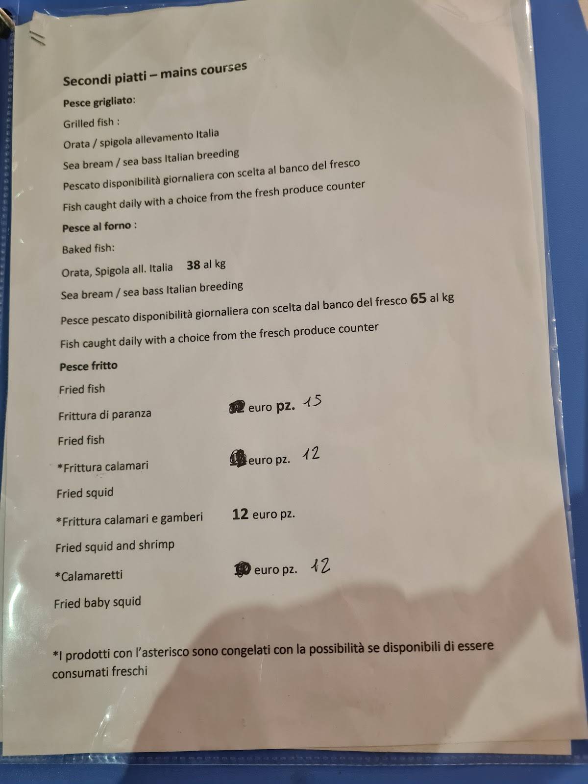 Menu da La Paranza ristorante, Roma, Via Dacia