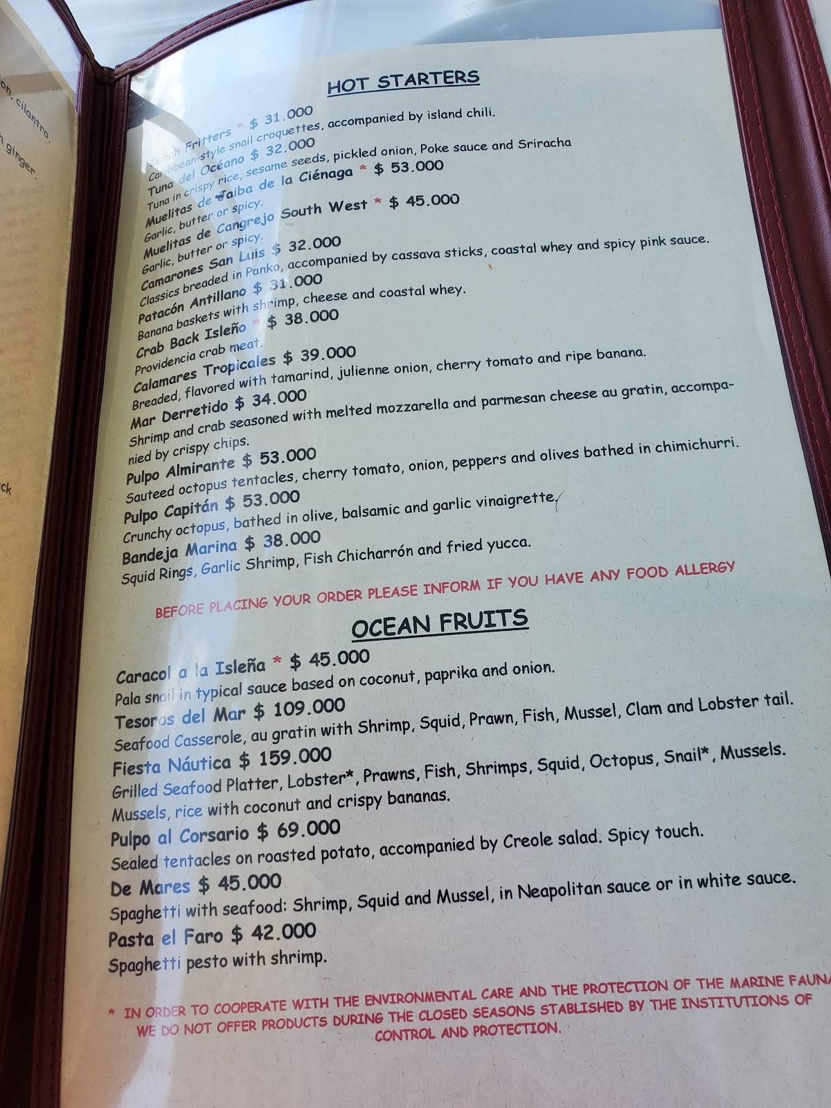 Carta del restaurante La Regatta, San Andrés