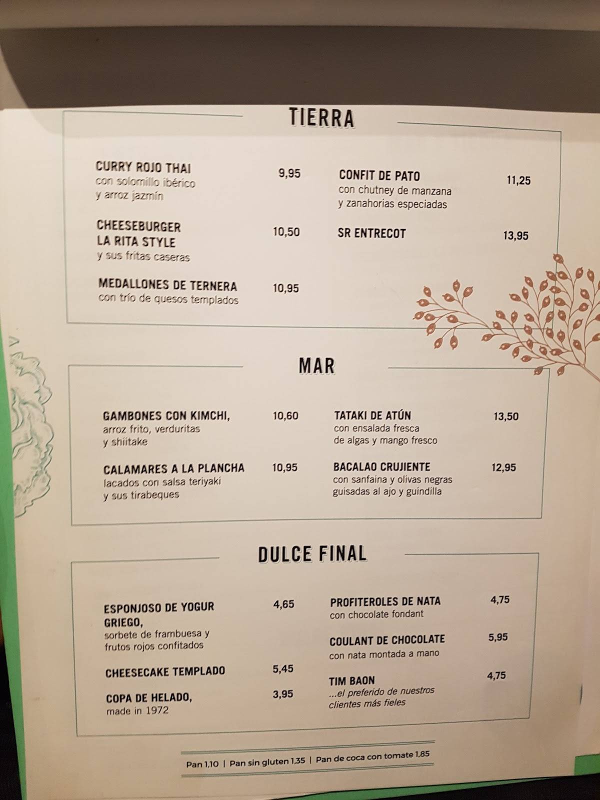 Menu at La Rita restaurant, Barcelona