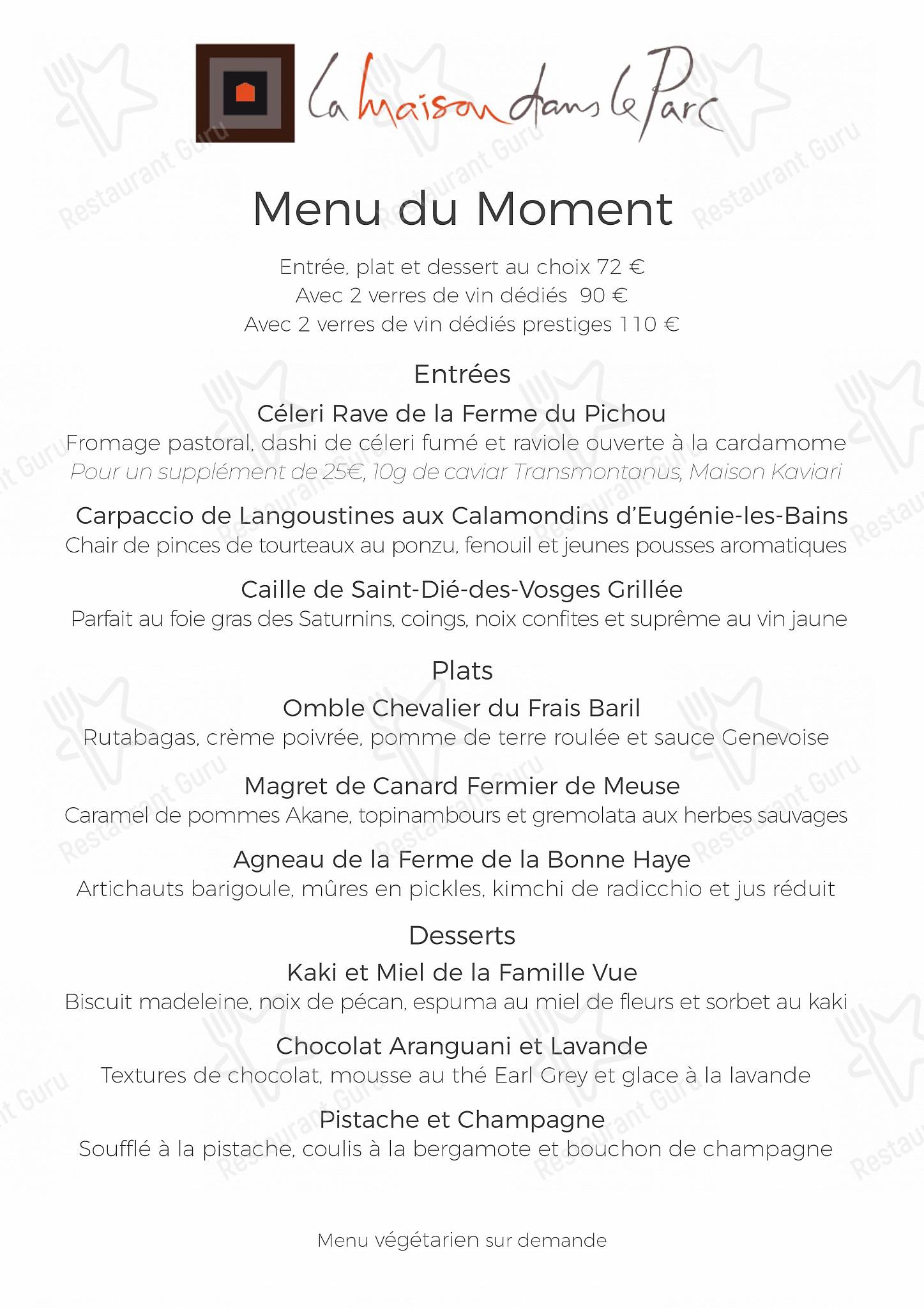 Menu au La Maison dans le Parc restaurant, Nancy