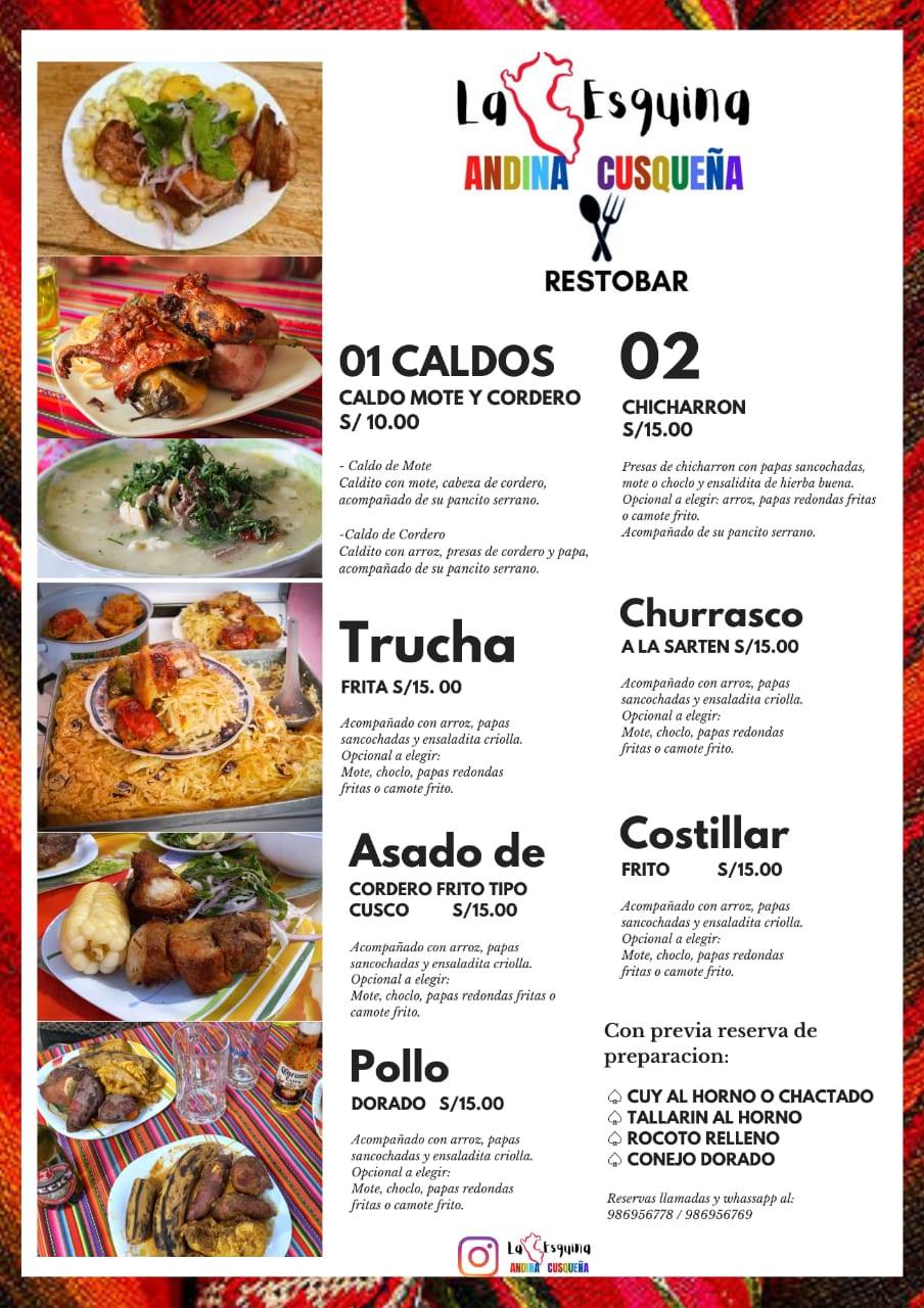 Menu at La esquina andina cusqueña restaurant, Peru