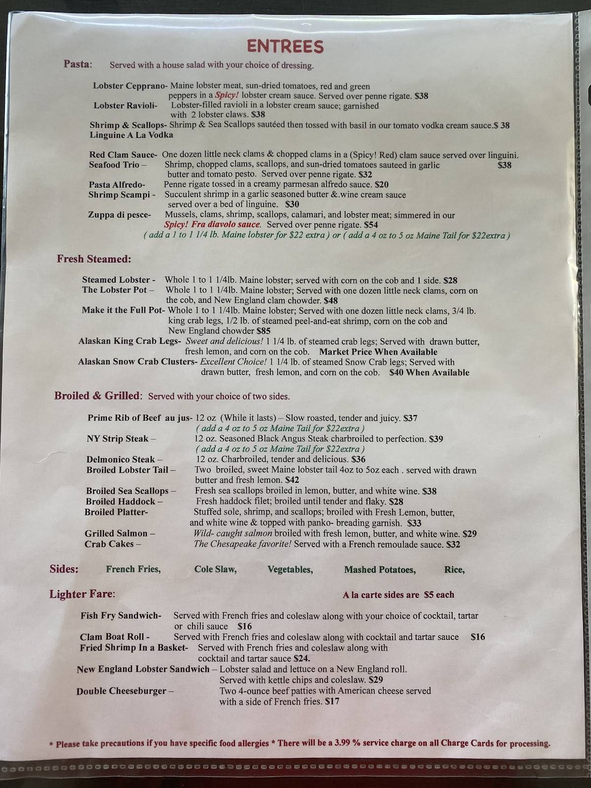 Menu at The Lobster Pot restaurant, Lake George