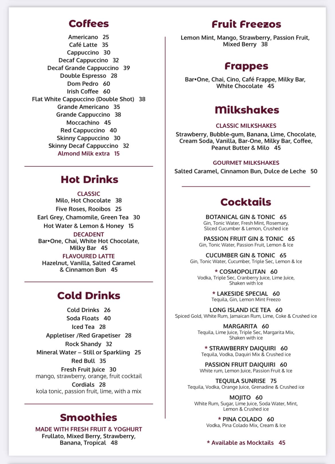 Menu at Lakeside Cafe - Coffee PMB, Pietermaritzburg