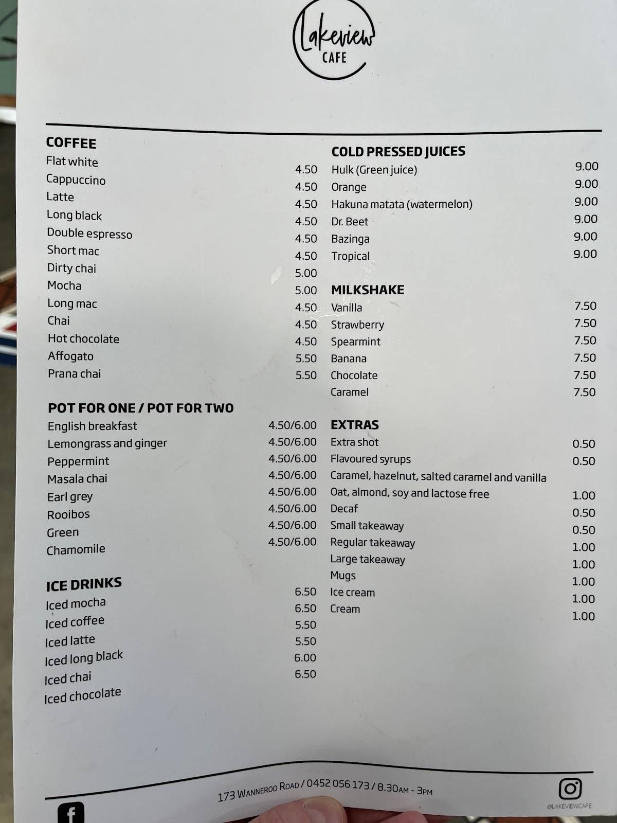 Menu at Lakeview Cafe, Kingsley