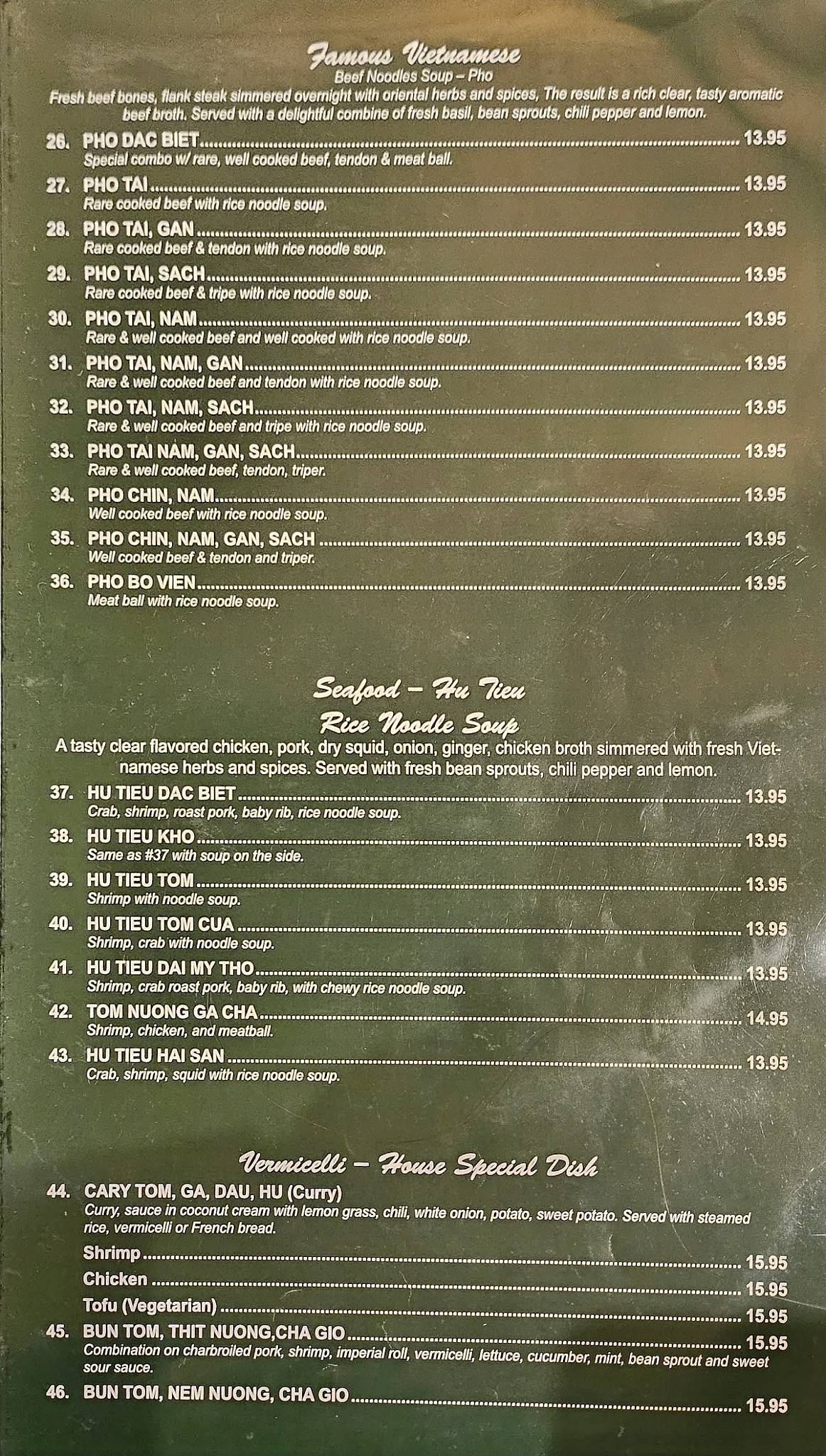 Menu at Lang Van restaurant, Charlotte