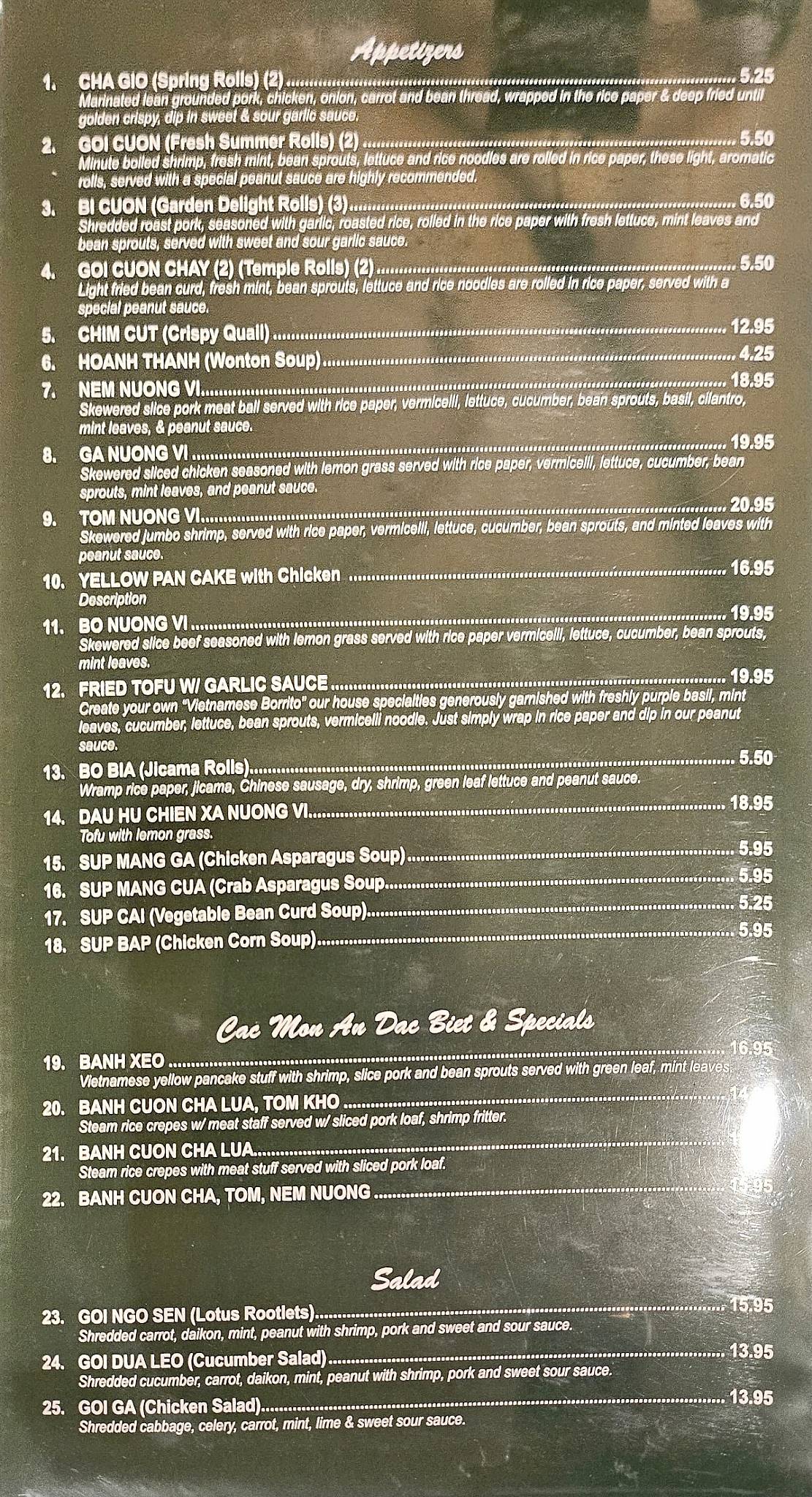 Menu at Lang Van restaurant, Charlotte