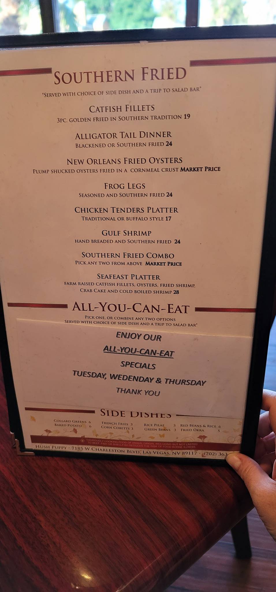 Menu at The Hush Puppy LV restaurant, Las Vegas, W Charleston Blvd