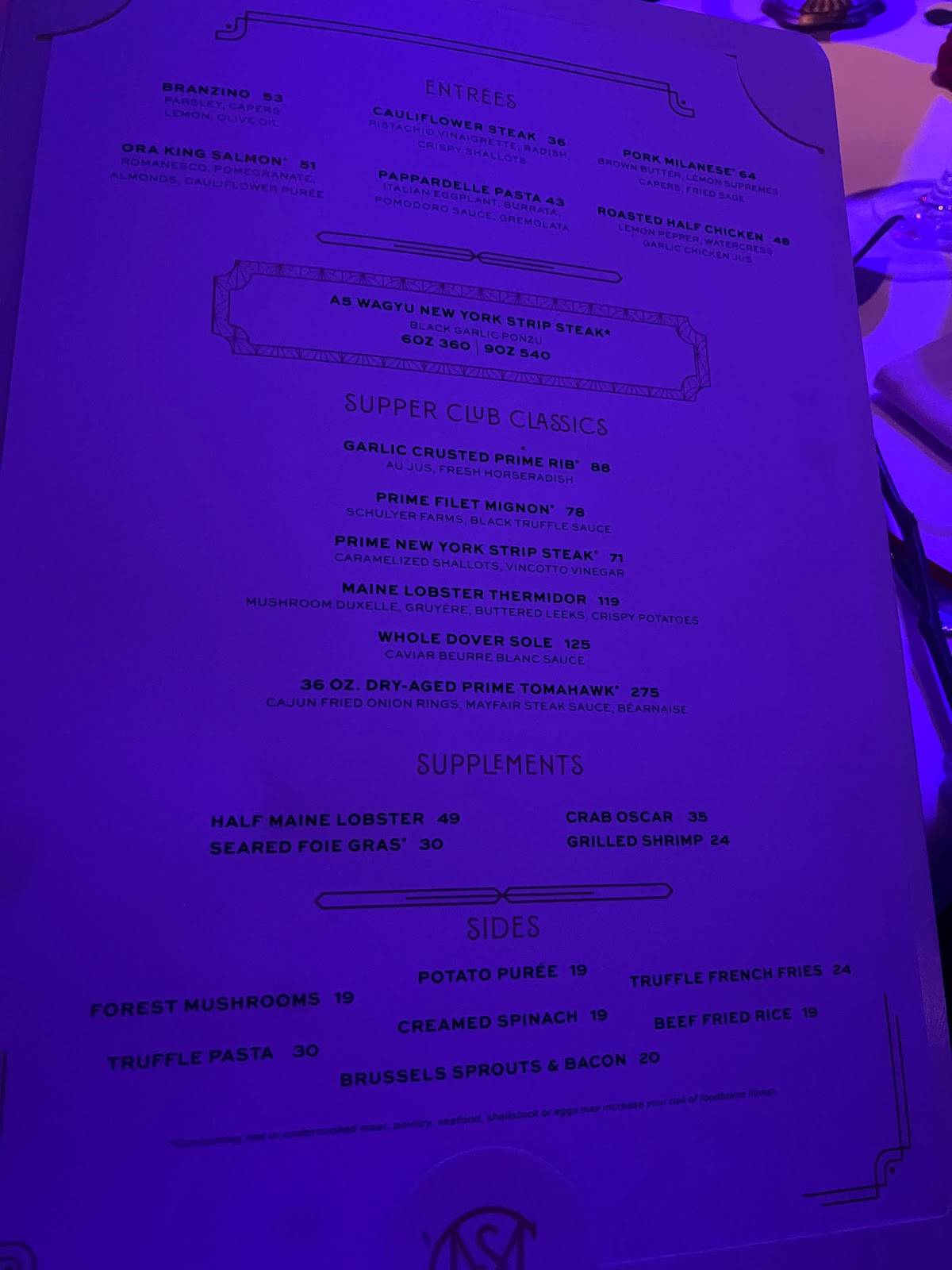 Menu at The Mayfair Supper Club, Las Vegas
