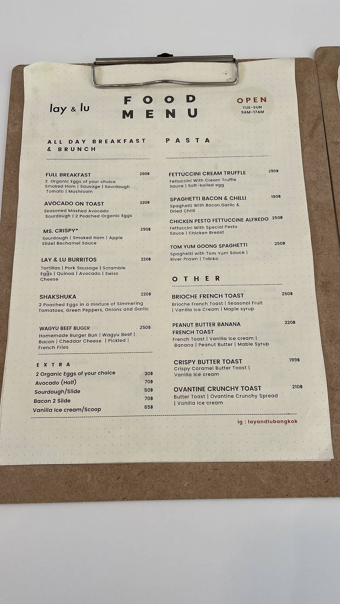 Menu at Lay & Lu cafe, Bangkok