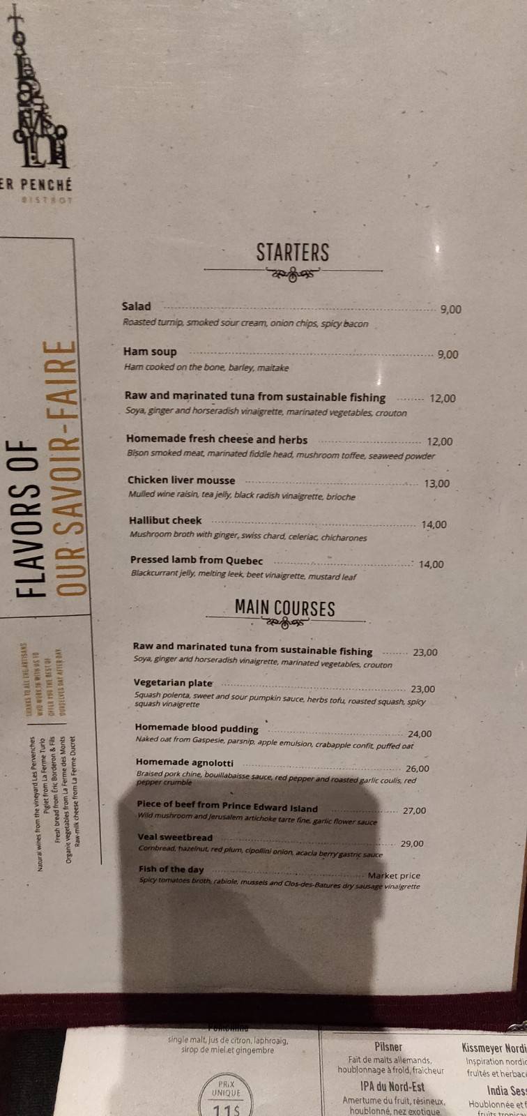 Menu au Le Clocher Penché restaurant, Québec