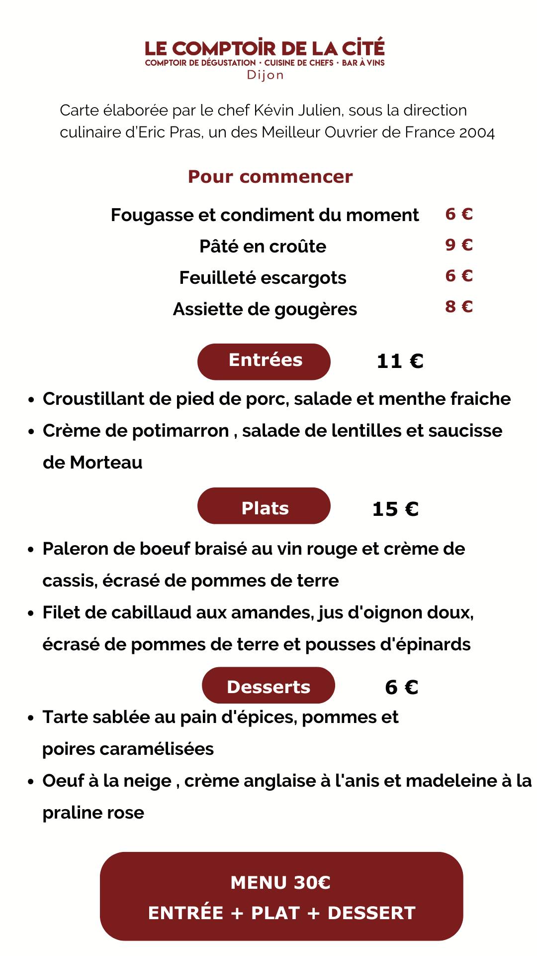 Menu au Le Comptoir De La Cité restaurant, Dijon, 12 Parvis De L'unesco