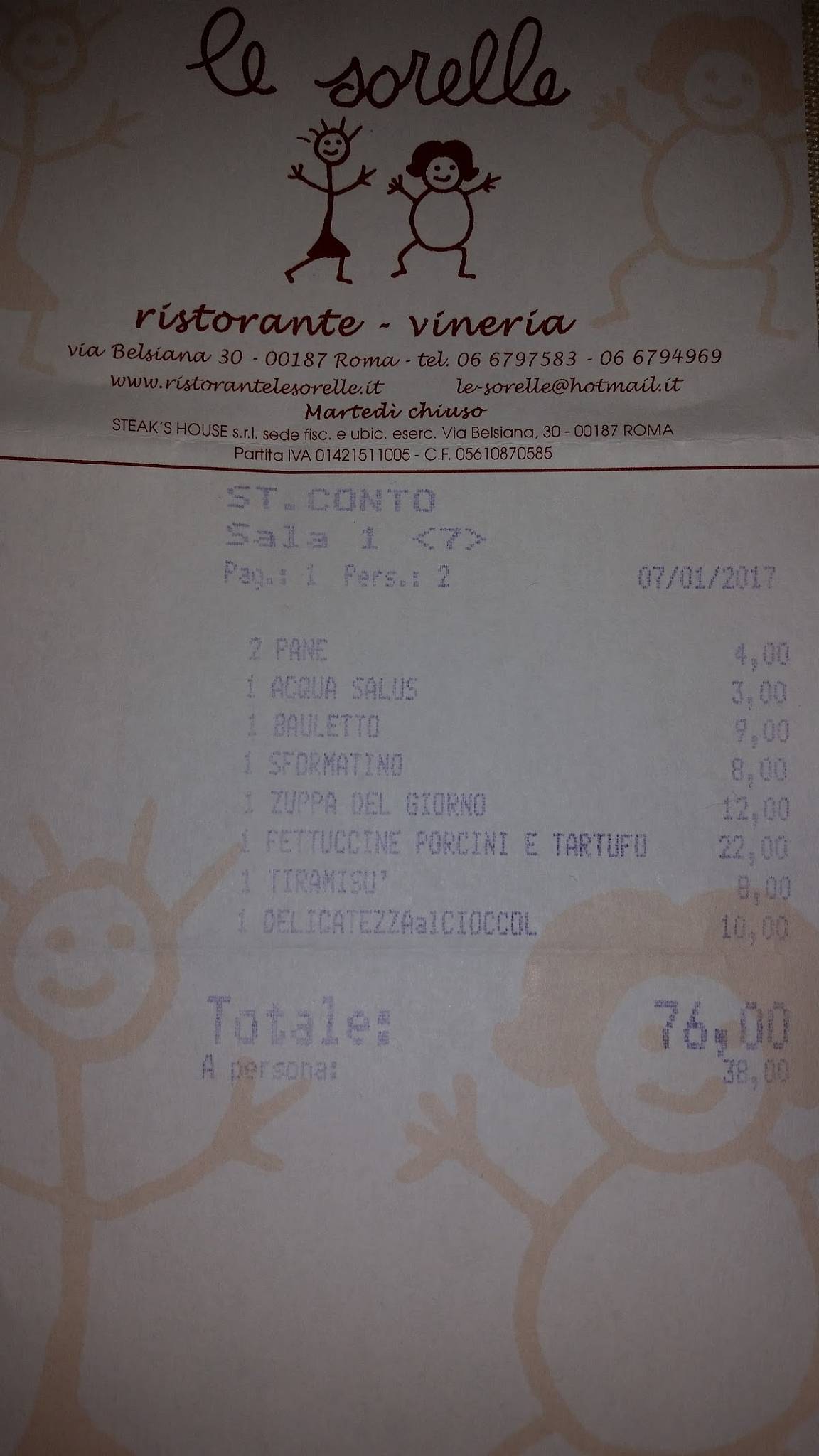 Menu at Le Sorelle restaurant, Rome, Via Belsiana