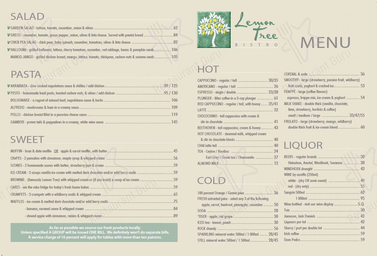 Menu at The Lemon Tree Farm Shop & Bistro restaurant, Underberg