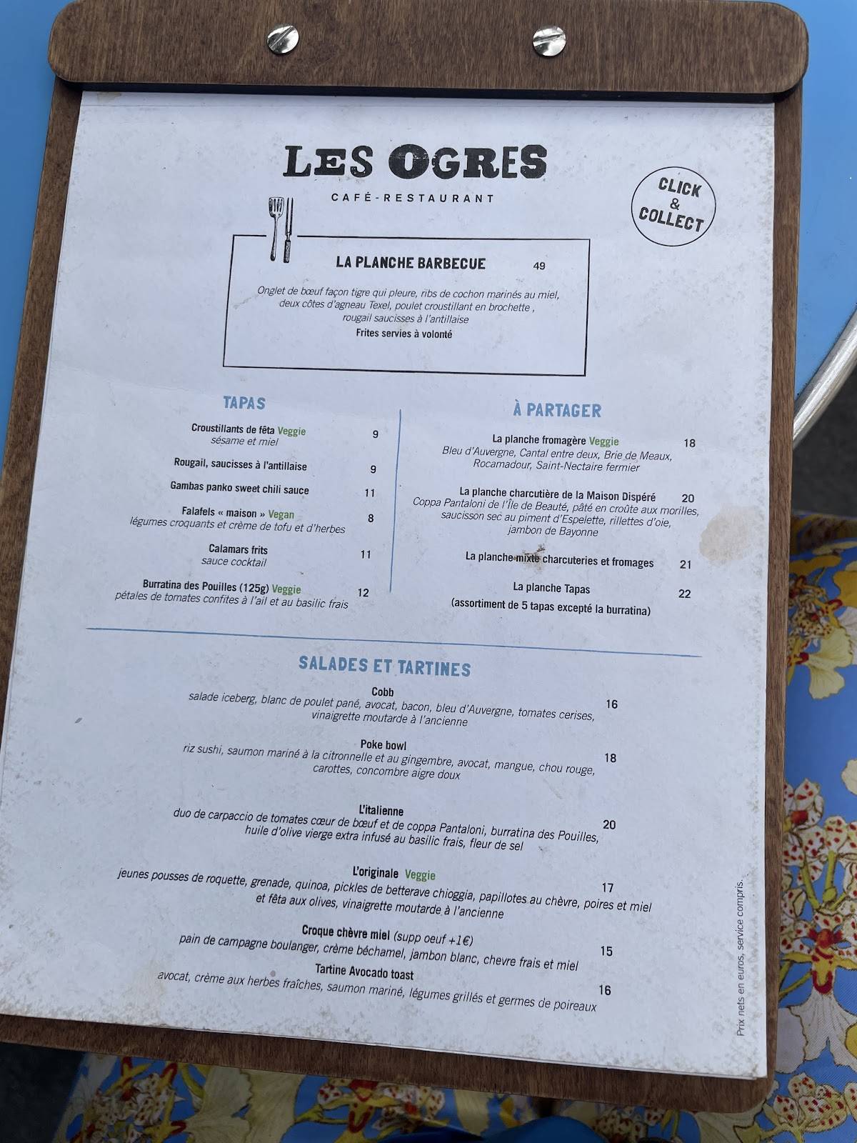 Menu at Les Ogres restaurant, Paris