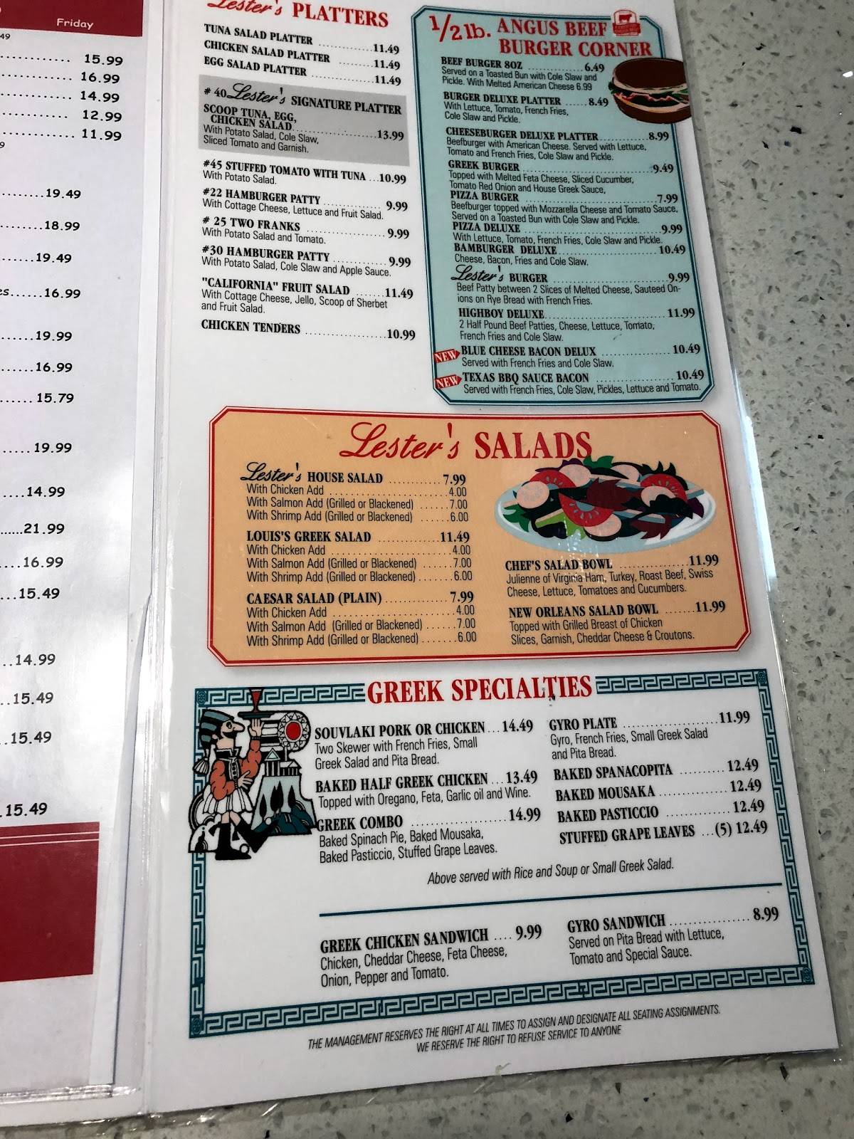 Menu at Lester's Diner restaurant, Margate, Coconut Creek Pkwy