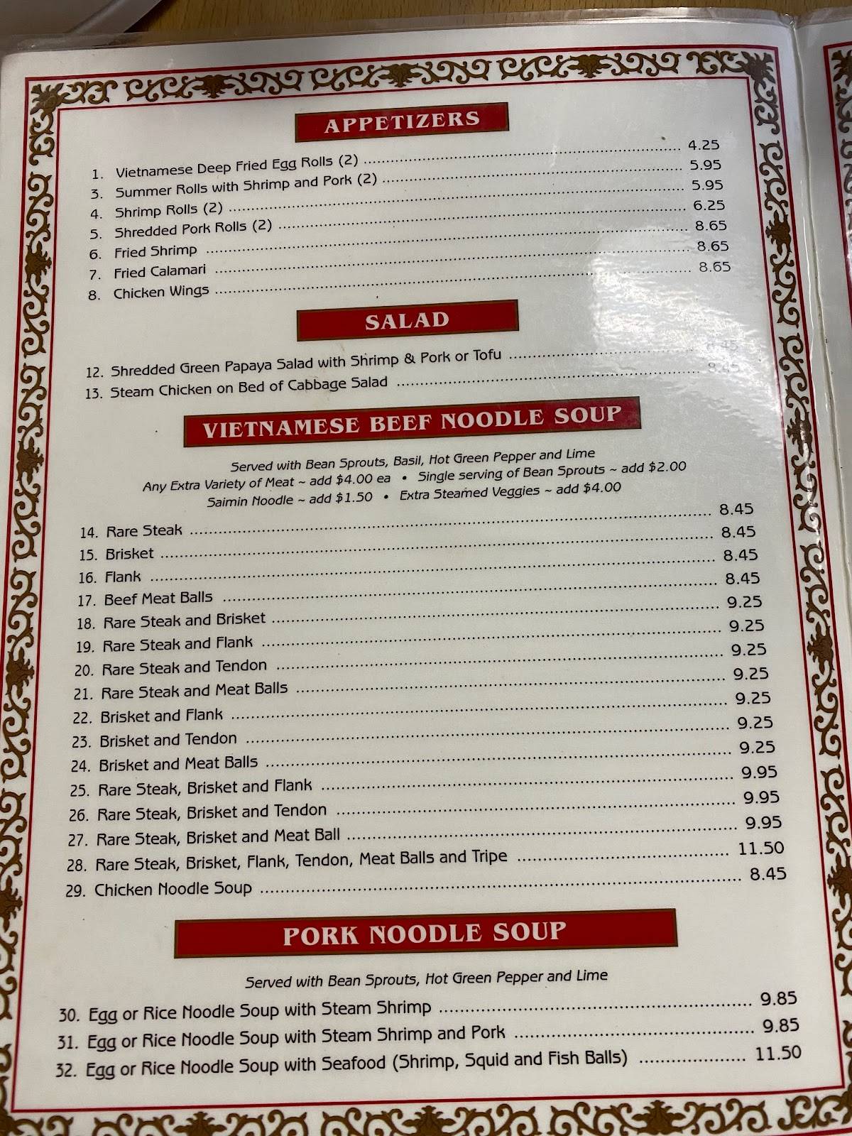 Menu at Pho Kauai restaurant, Lihue