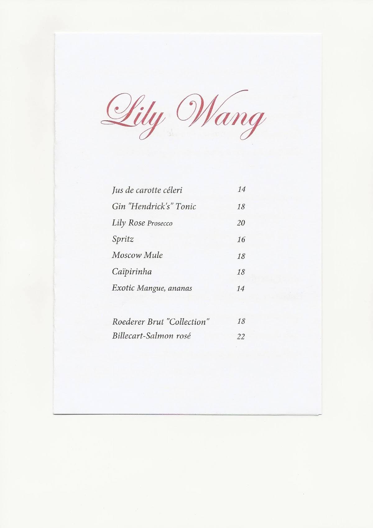 Menu au Lily Wang restaurant, Paris