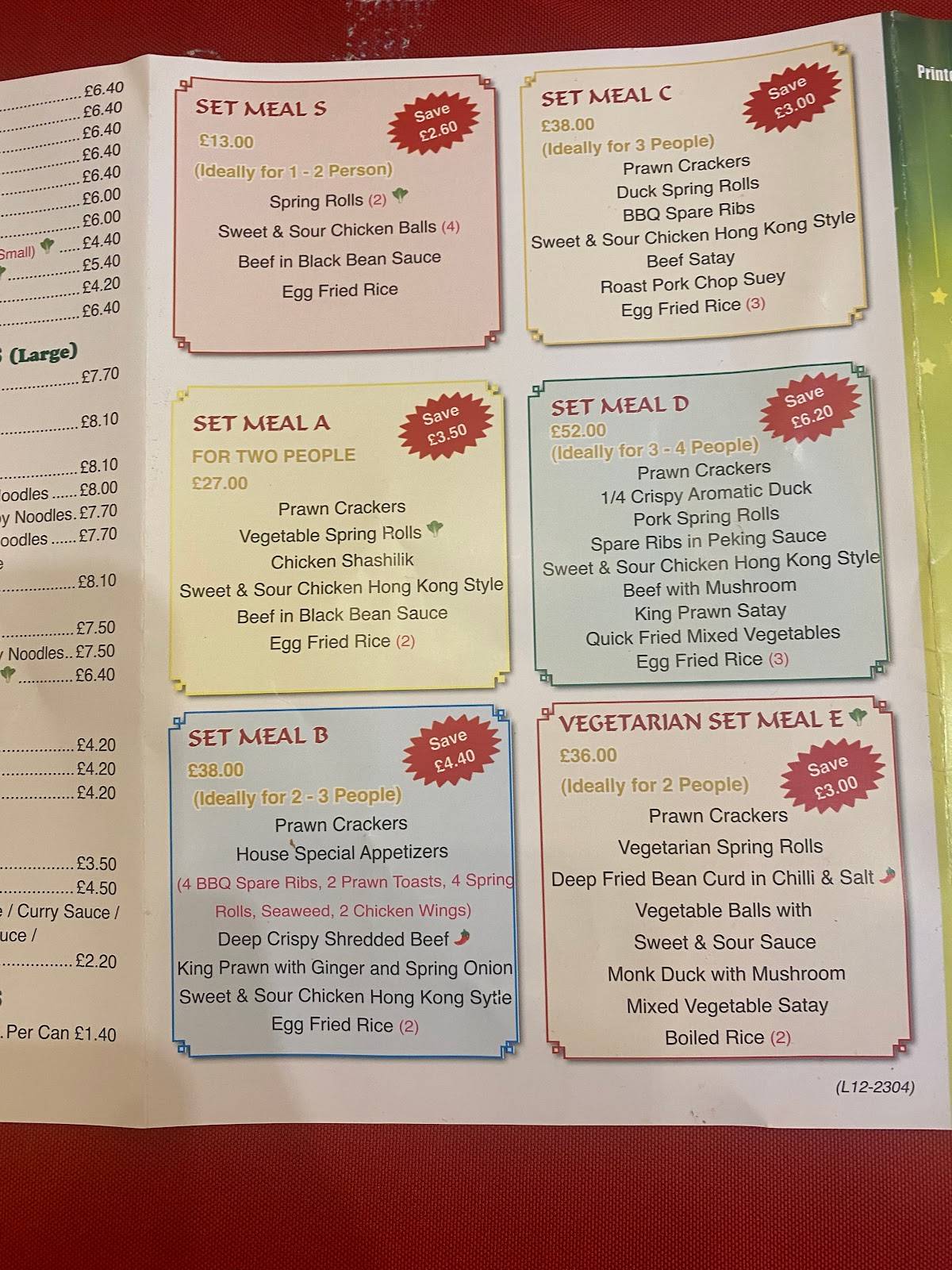 Menu at Ling Di Long restaurant, Lampeter