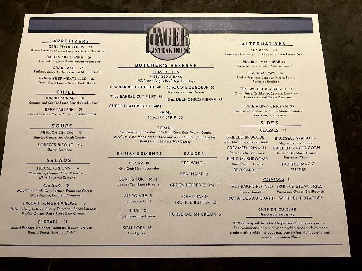 Menu at Linger Longer Steakhouse, USA