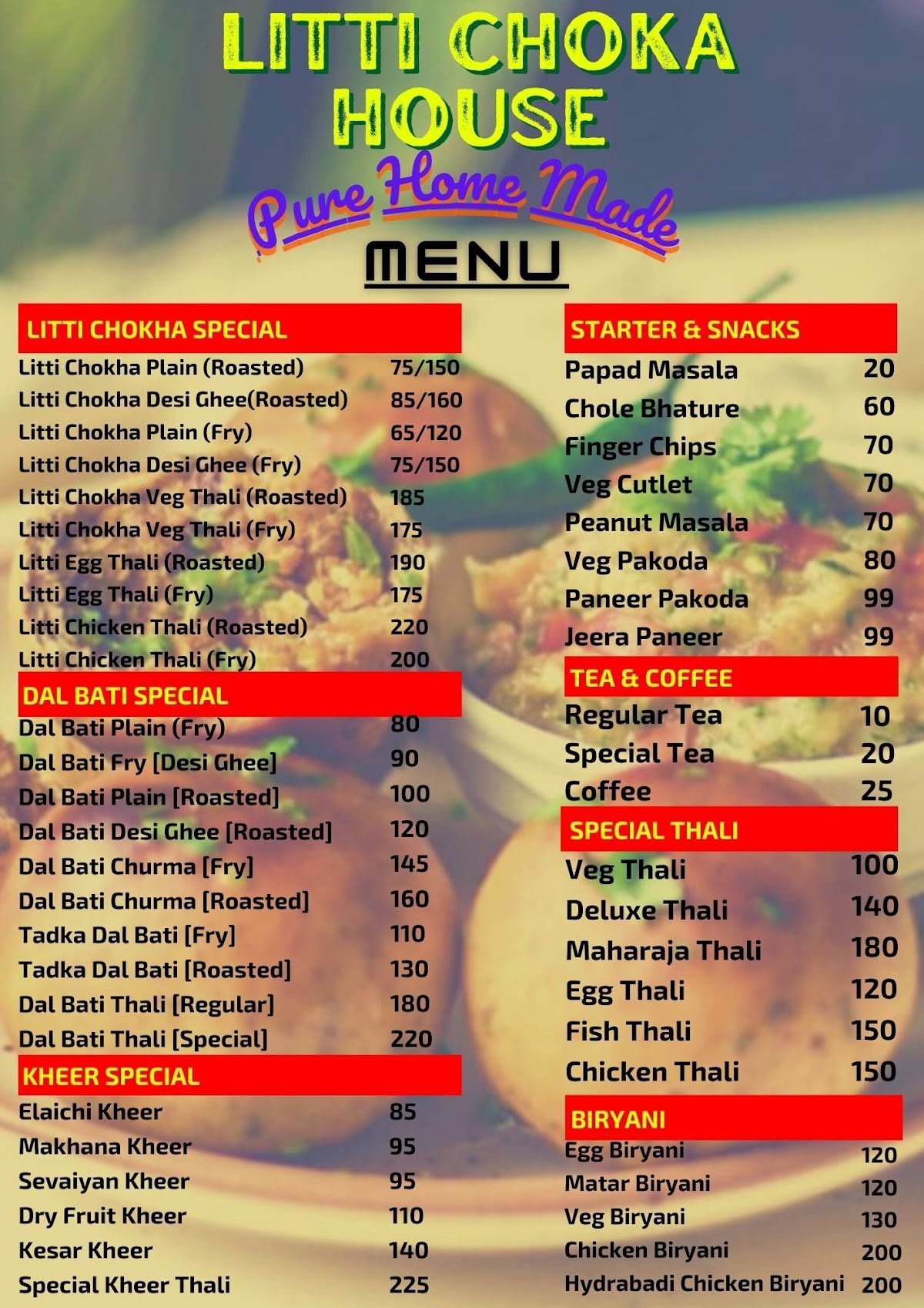 Menu at Litti Chokha House, Gwalior