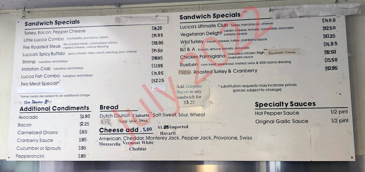 Menu at Little Lucca restaurant, South San Francisco, 724 El Camino Real