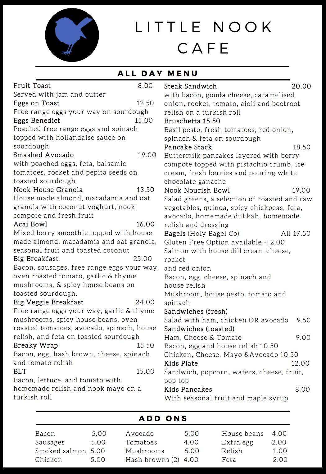 Menu at Little Nook Cafe, Darlington