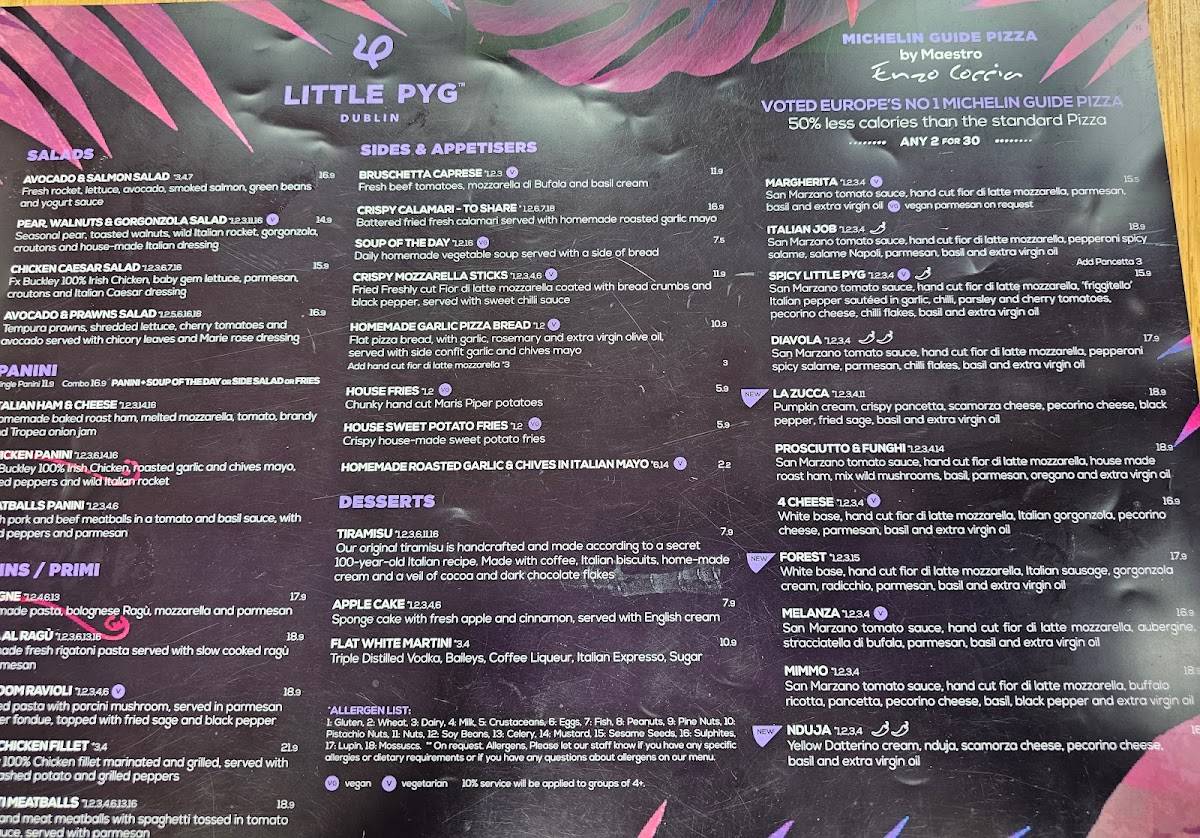 Menu at Little Pyg restaurant, Dublin