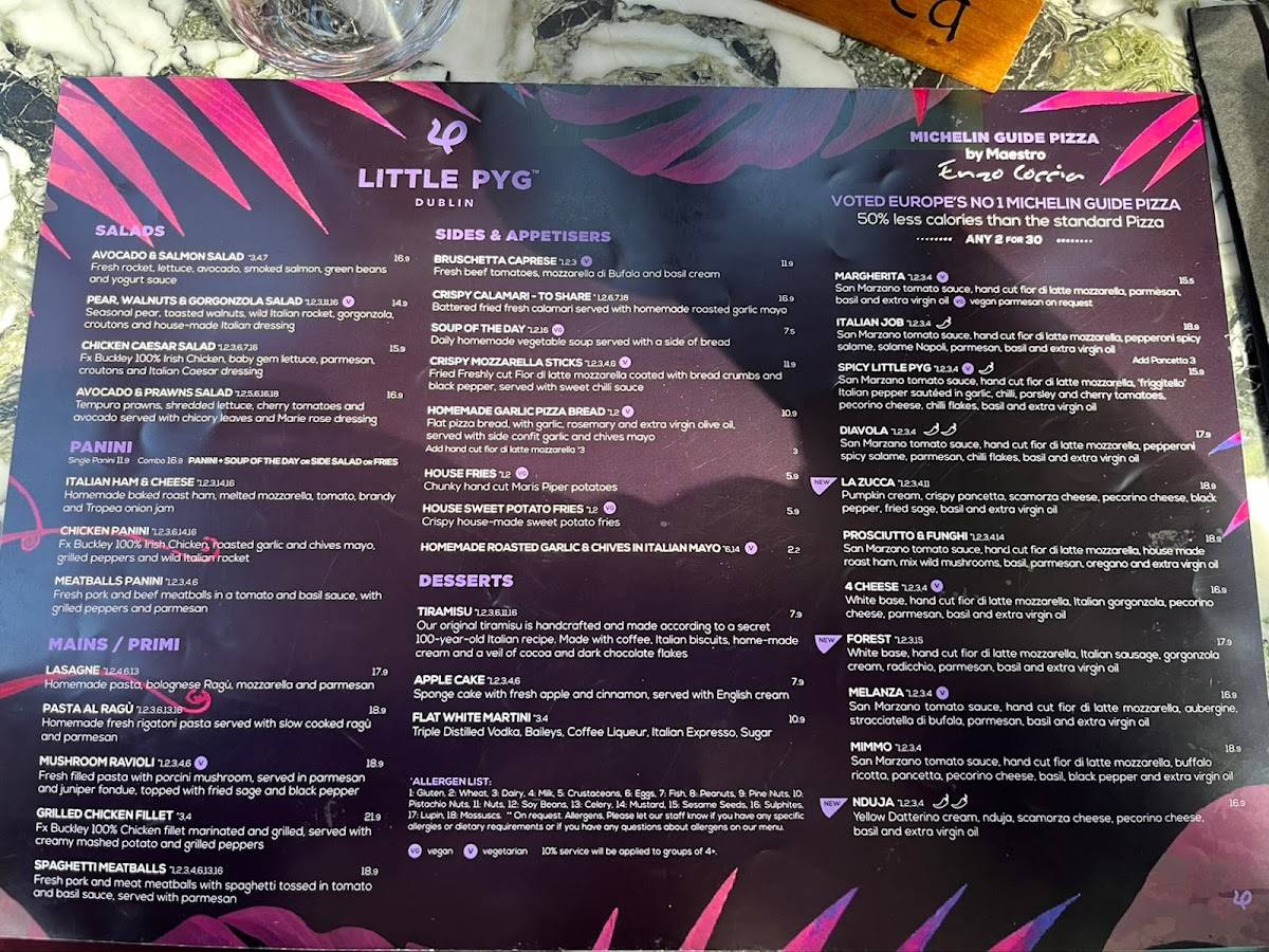 Menu at Little Pyg restaurant, Dublin
