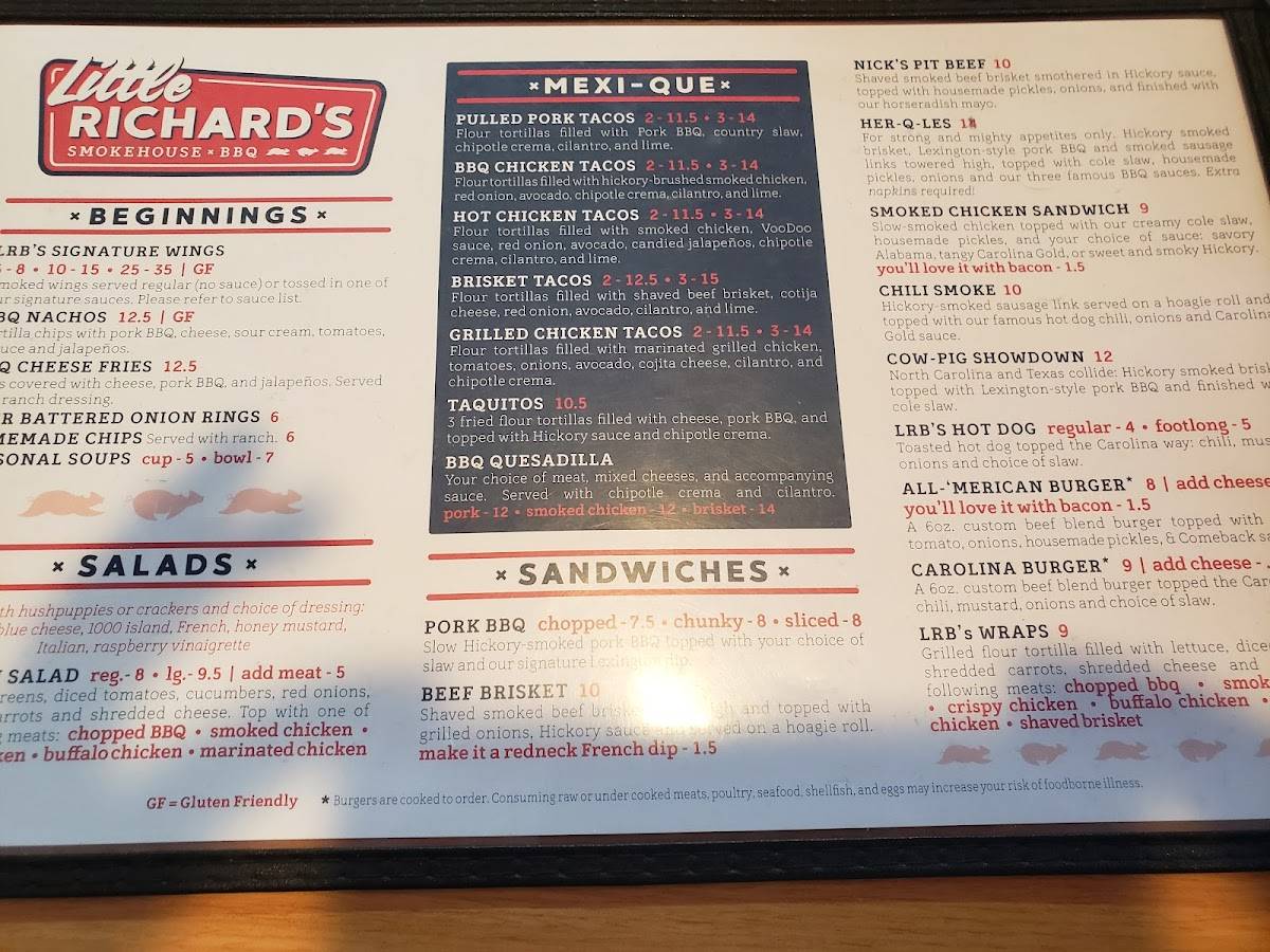 Menu at Little Richard's Bar-B-Que, Clemmons, Stadium Dr