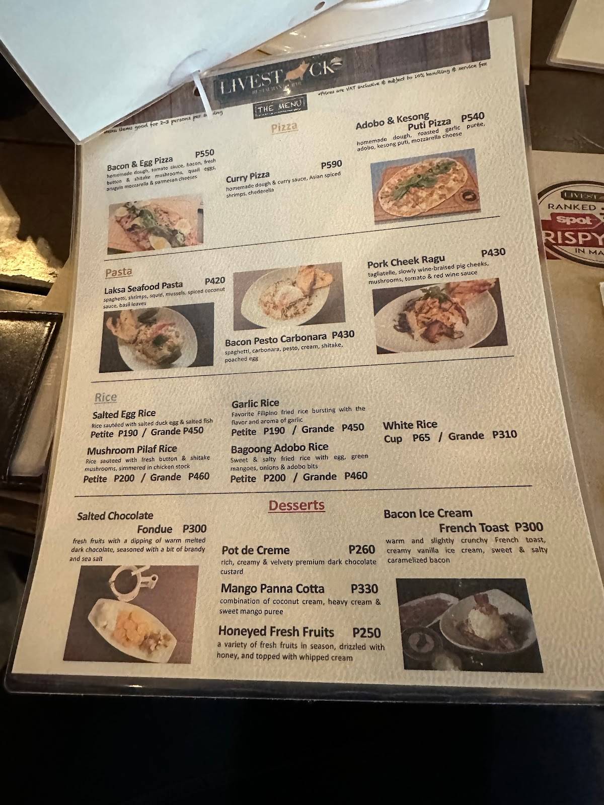 Menu at Livestock restaurant, Taguig