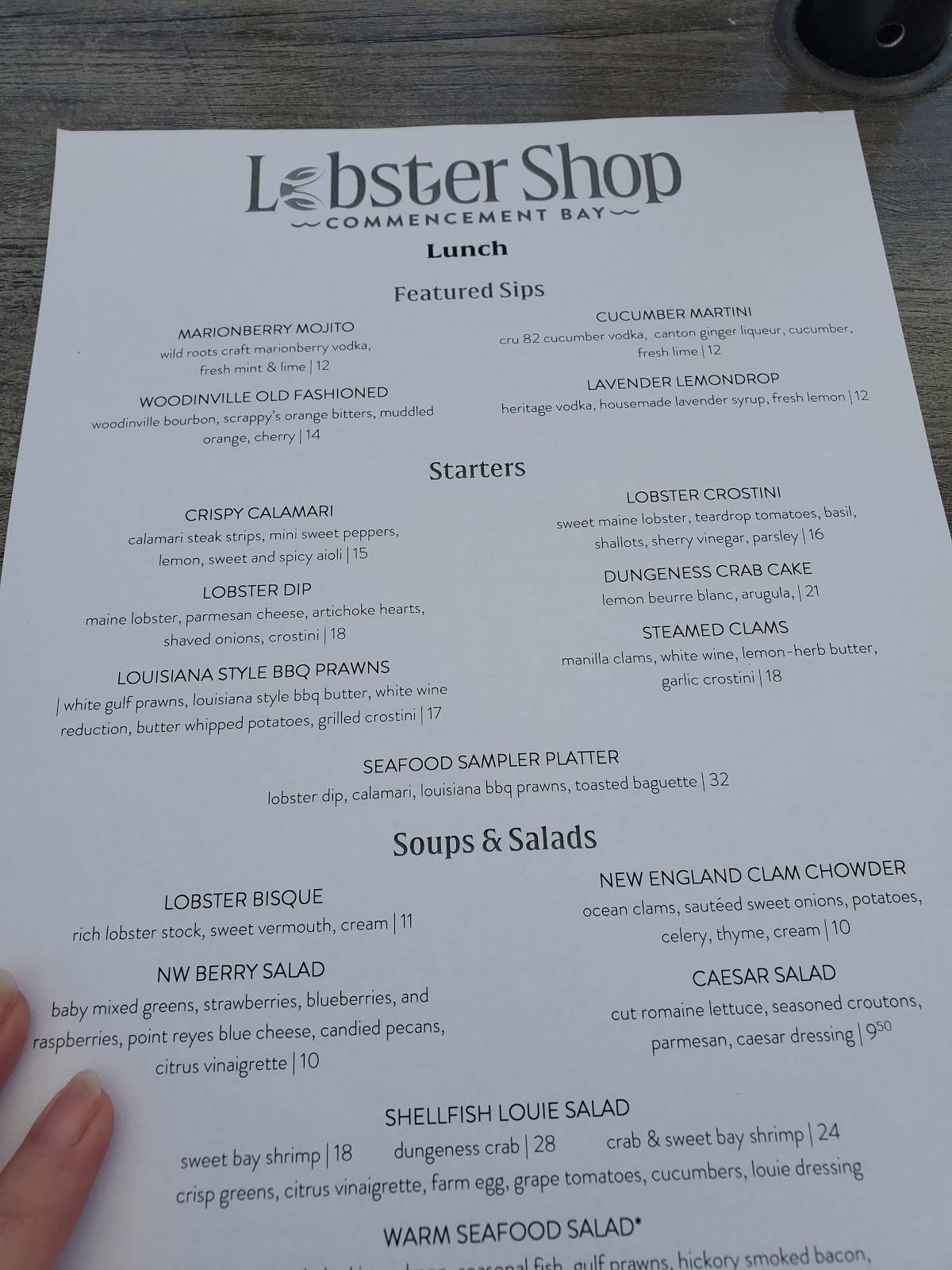 Menu at Lobster Shop restaurant, Tacoma, Ruston Way