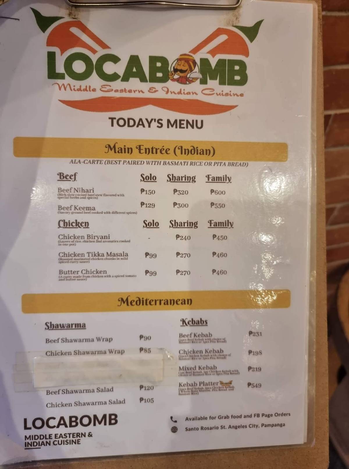 Menu at Locabomb Middle Eastern & Indian Cuisine restaurant, Angeles